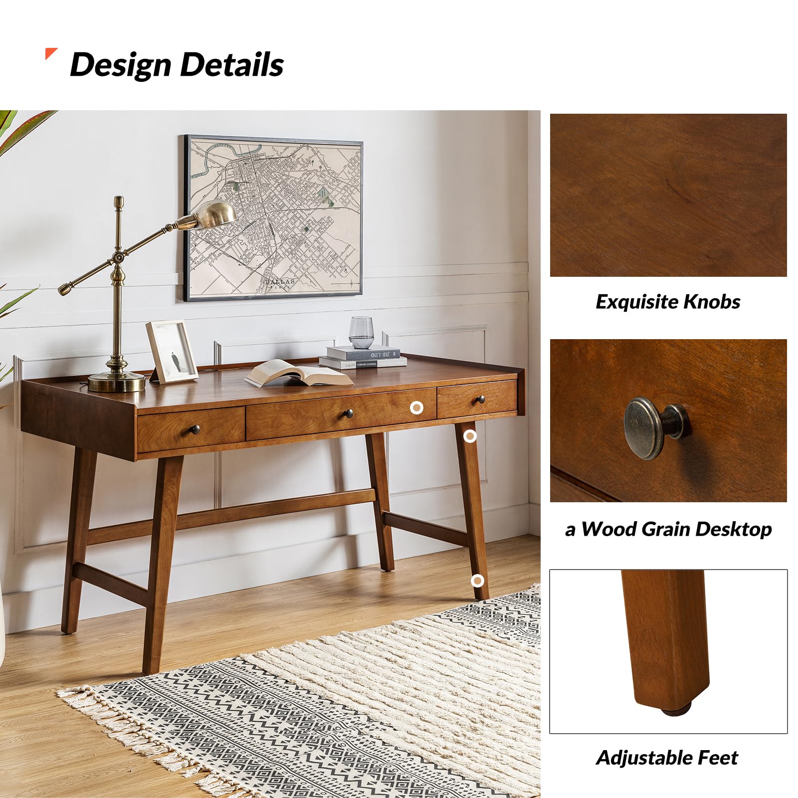 HULALA HOME Home Office Desk with 3 Drawers & Solid Wood Legs, Writing Table with Charging Station & Cable Management, Mid Century Modern Desk for Bedroom/Living Room/Study/Workstation, Walnut