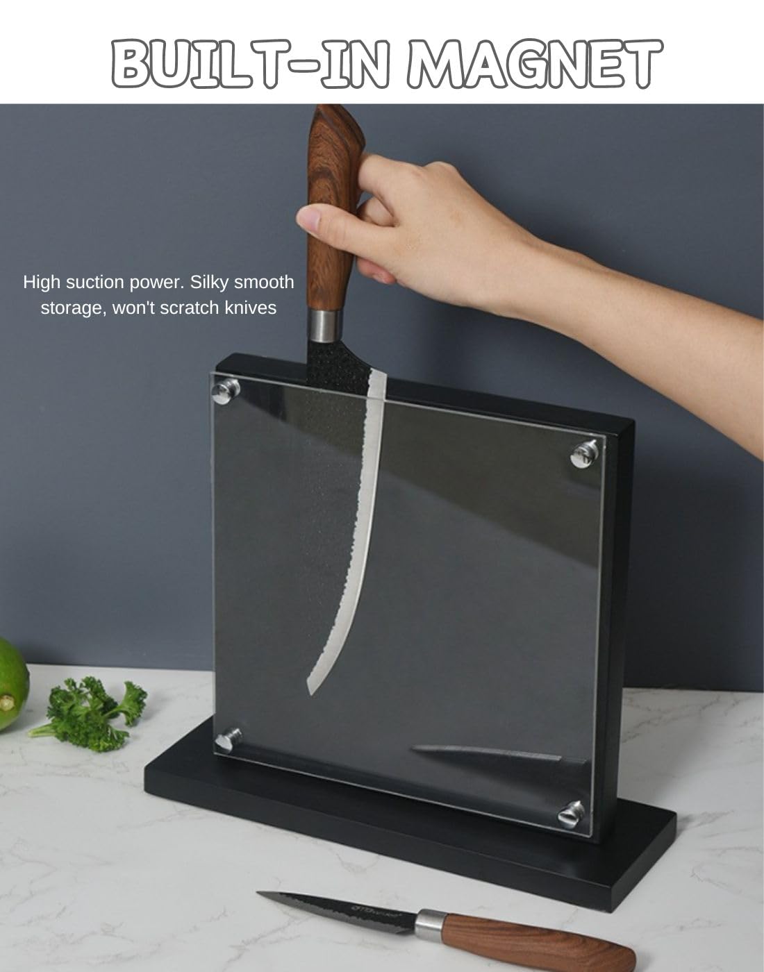 Magnetic Knife Block with Acrylic Shield, Pine Wood Knife Holder Rack,Double Sided Knife Storage Stand for Kitchen Storage (Without Knives )