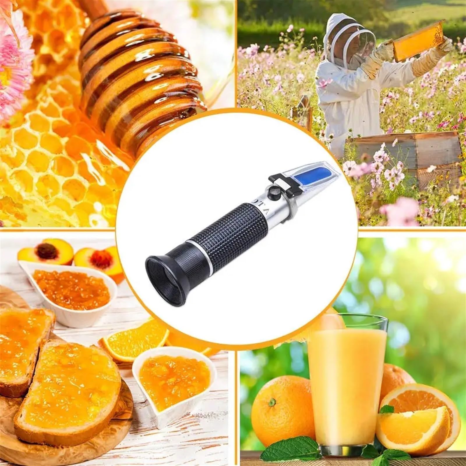 KYKYK Refractometer, 3-in-1 Uses,58-90% Brix Scale Range Honey Moisture Tester Honey Refractometer for Honey Moisture,Brix and Baume, with ATC for Fruit, Homebrewing, Juice, Vegetables