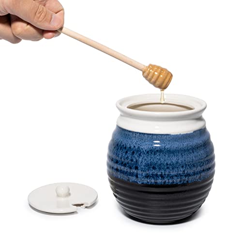 Honey Jar Pot By Gute 6"H - Elegant & Modern Ceramic With Dipper & Lid Rosh Hashanah Gift - Home Kitchen Honey and Syrup, Gorgeous Blue Beehive Honey Jar, Great For Jam, Jelly, 14oz (Ocean Blue)