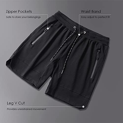 Gerlobal Men's 5" Gym Workout Shorts Fitted Running Athletic Bodybuilding Shorts for Men with Zipper Pockets Black,Large