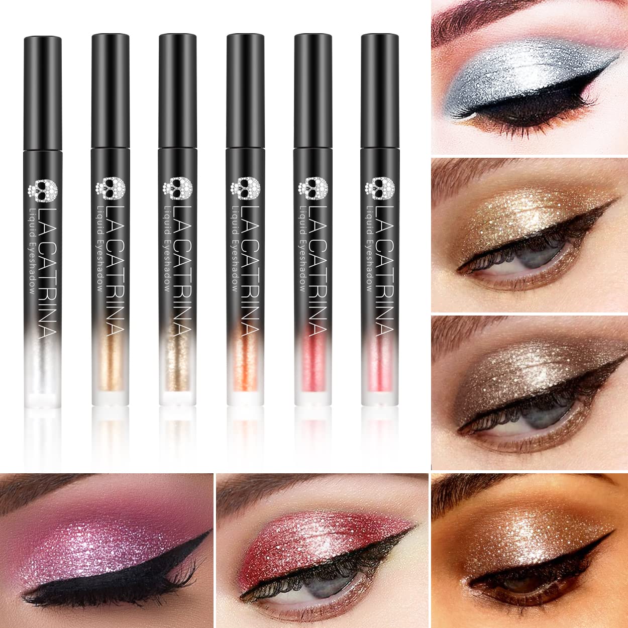 DE'LANCI Liquid Glitter Eyeshadow Eye Makeup Set,c,Long Lasting Gold Silver Pink Red Natural Brown Nude 6 Color Christmas Gift
