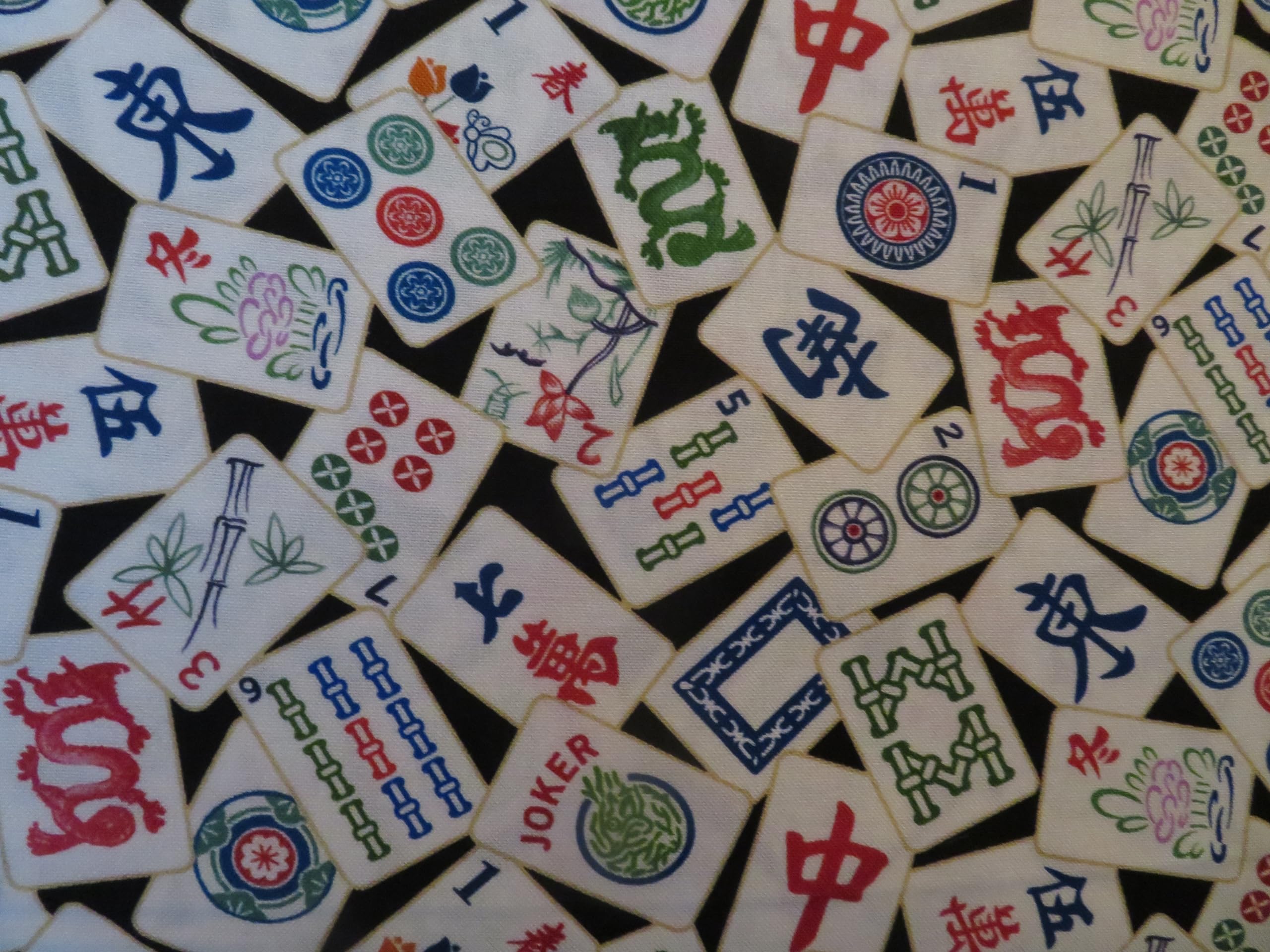 Mahjong Design On Black Cotton Fabric 36 X 44 Sold by The Yard TT