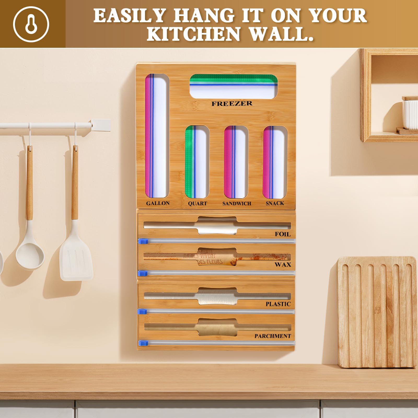 deeplin Storage Bag Organizer and Wrap Dispenser with Cutter, 9 IN 1 Bamboo Foil and Plastic Wrap Organizer for Kitchen Drawer, Plastic Bag Organizer for Gallon,Quart,Sandwich,Snack