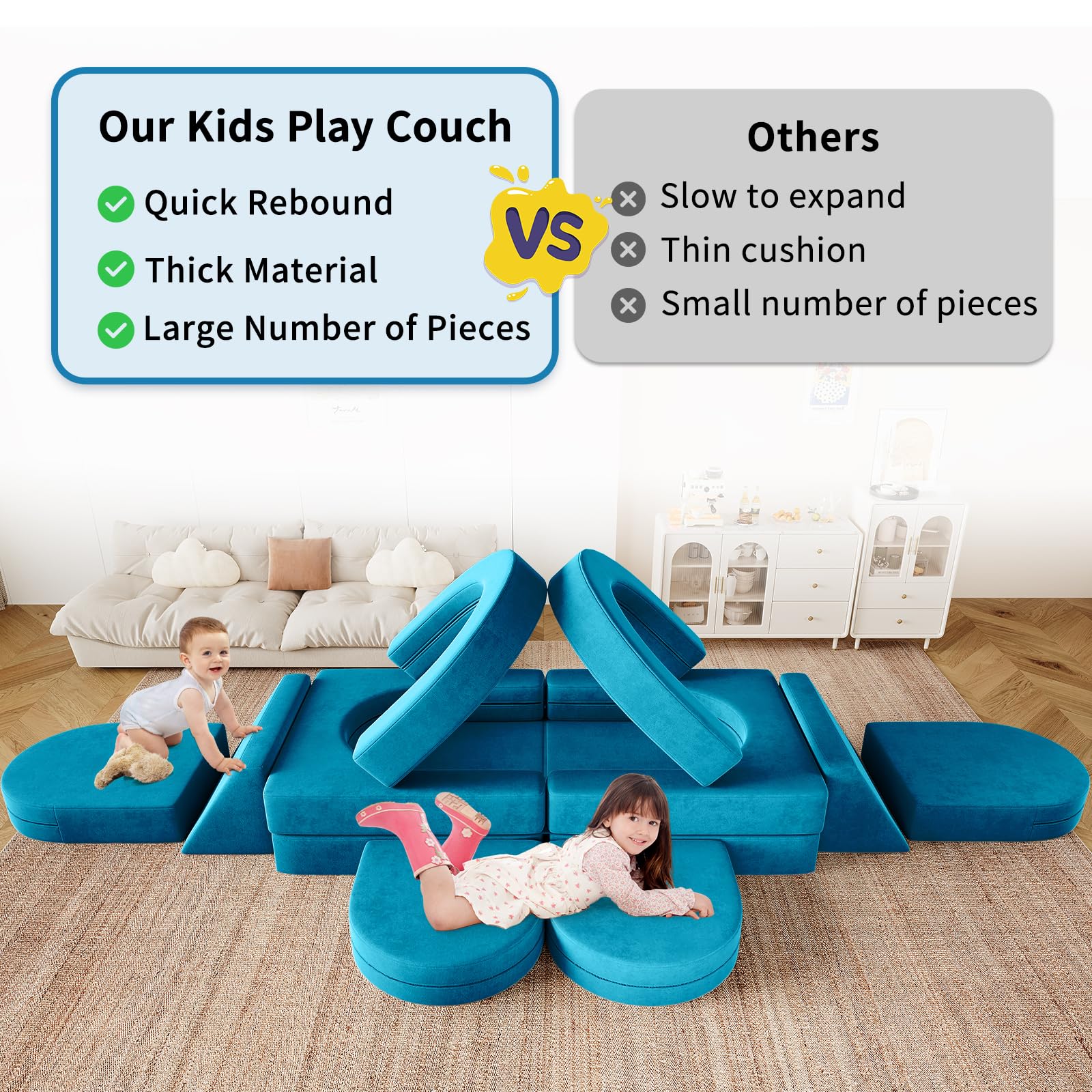 Kids Couch, 12PCS Modular Toddler Couch with 2 Triangular Cushions and 4 Arches, Fold Out Kids Couch for Playroom, Bedroom, Modular Kids Couch for Boys and Girls, Kids Play Couch for Kids (Blue)