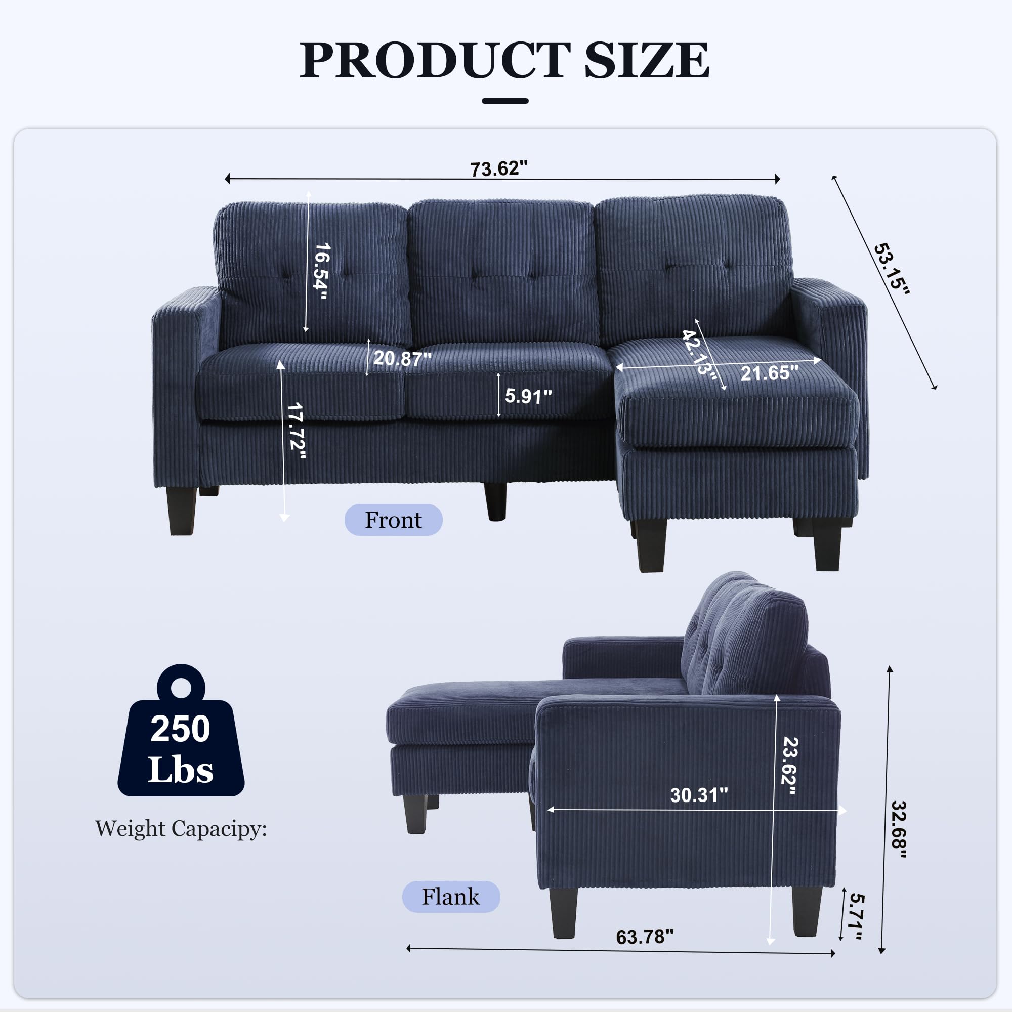 KYLE & KAY 73'' Convertible Sectional Sofa Couch, 3 Seat L-Shaped Sofa with Reversible Chaise, Small Couches for Small Spaces,Living Room, Apartment and Office, Navy