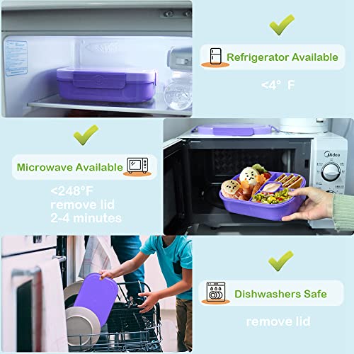 HONZUEN Bento Lunch Box, 4-Compartment Lunch Salad Container, Lunch Box Kit with Spoon and Fork, Microwave Safe Meal Prep Containers for Sandwich, Pasta, Fruit, Travel (Purple)