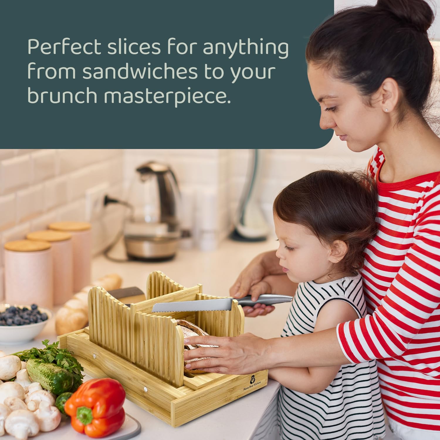 Mama Bear Kitchens Bamboo Bread Slicer with Knife - Adjustable & Durable Bread Loaf Slicer with Crumb Tray & Foldable Bread Cutter Guide - Easy to Clean & Store Bread Slicer for Homemade Bread