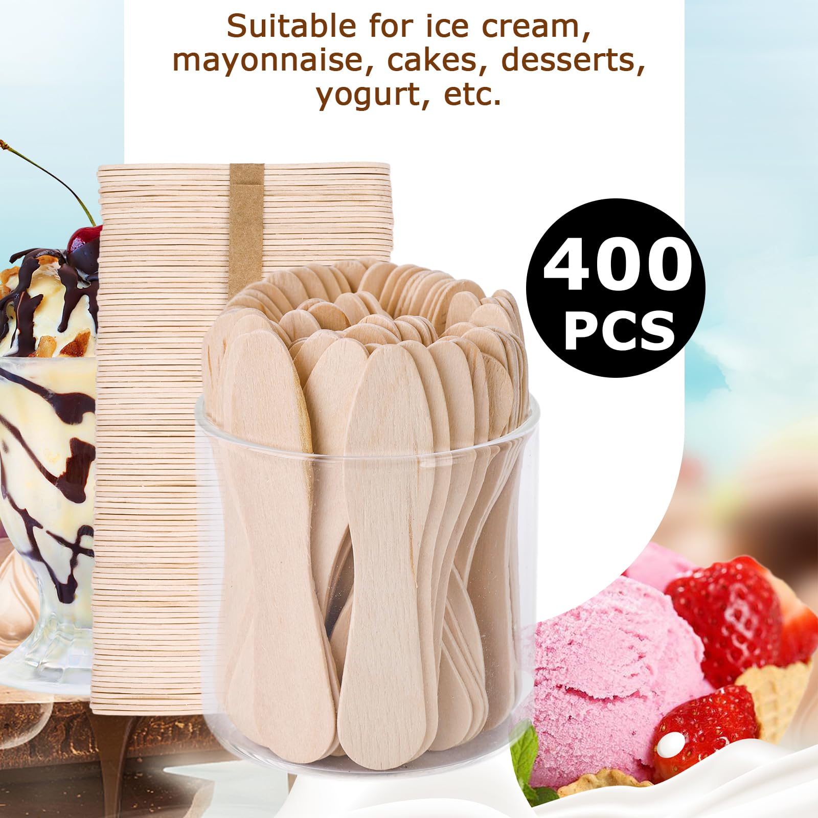 HANSGO 400PCS Wooden Ice Cream Spoons, Mini Tasting Spoons Wooden Small Dessert Spoons Sample Spoons for Crafts Tasting Sampling