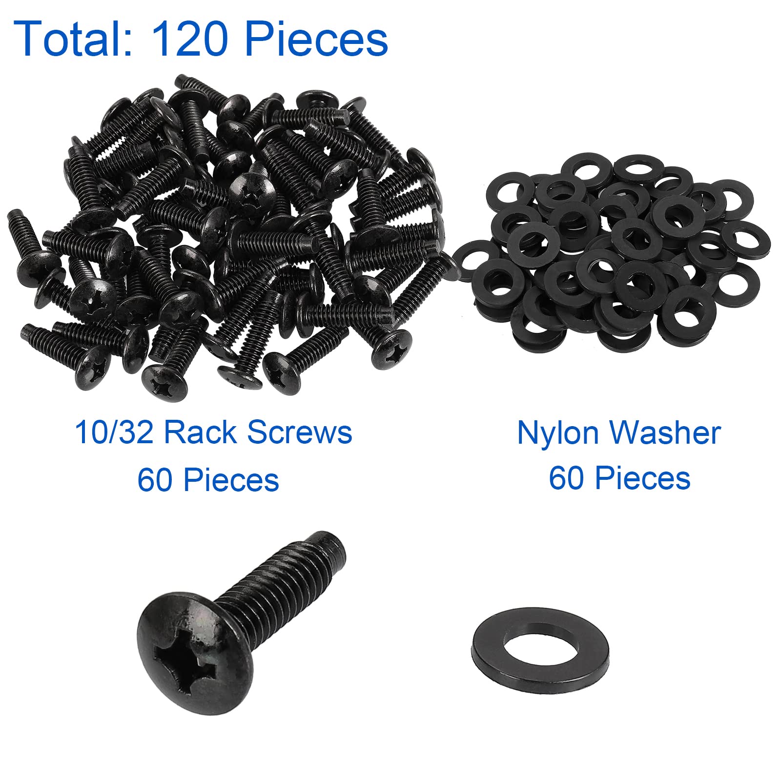 HanTof 10/32 Rack Screws and Nylon Washers,60 Sets Rack Mount Screws for Recording Studios,Audio and Network Equipment Server Rack Rails,Enclosure and Cabinets.Carbon Steel,Rust Resistant Black Zinc.