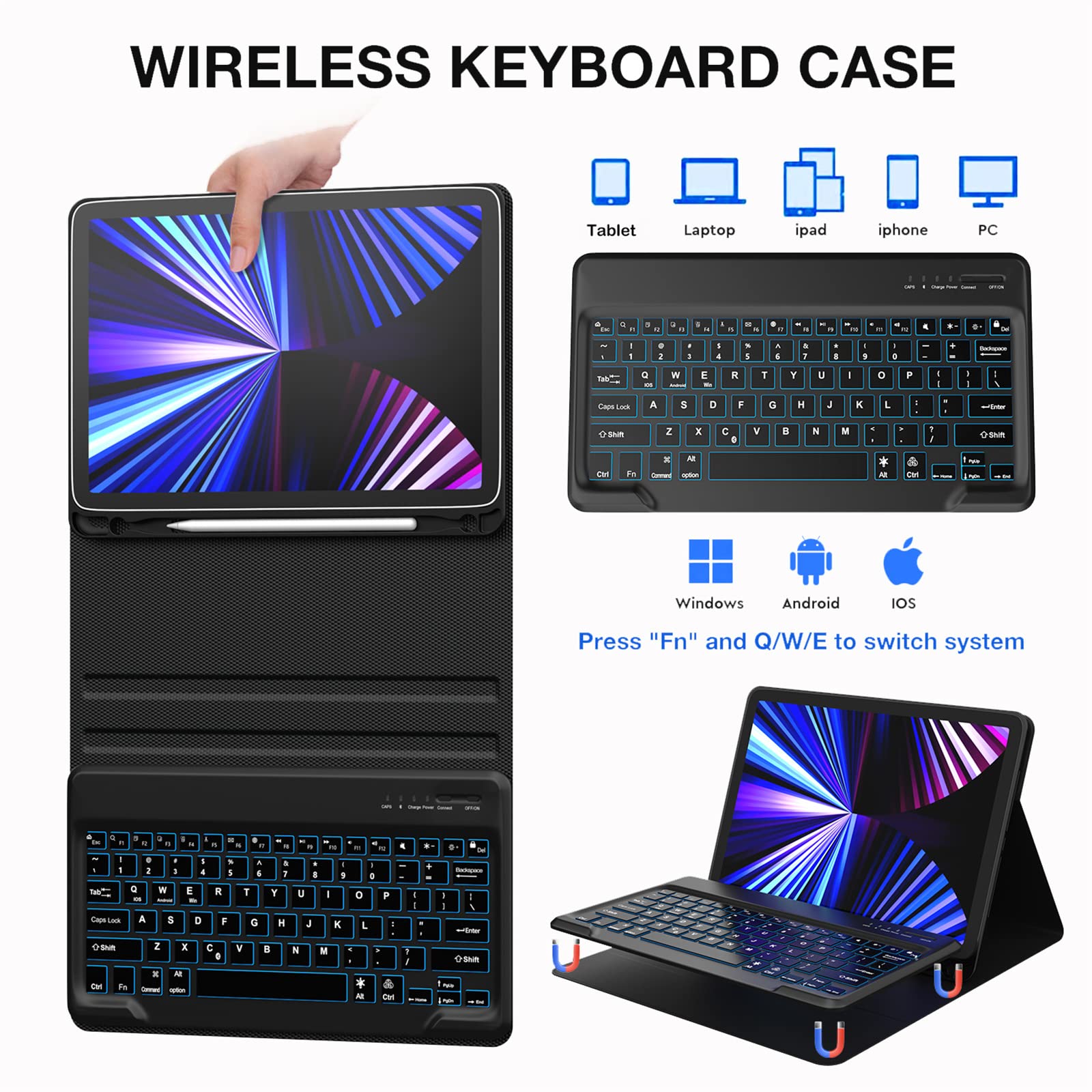 iPad Pro 12.9 Case with Keyboard 6th Generation, iPad Pro 12.9 Keyboard - Bluetooth Backlit Detachable Keyboard for 12.9 inch 5th 4th 3rd Gen, Smart Folio Tablet Cover with Pencil Holder (Black)