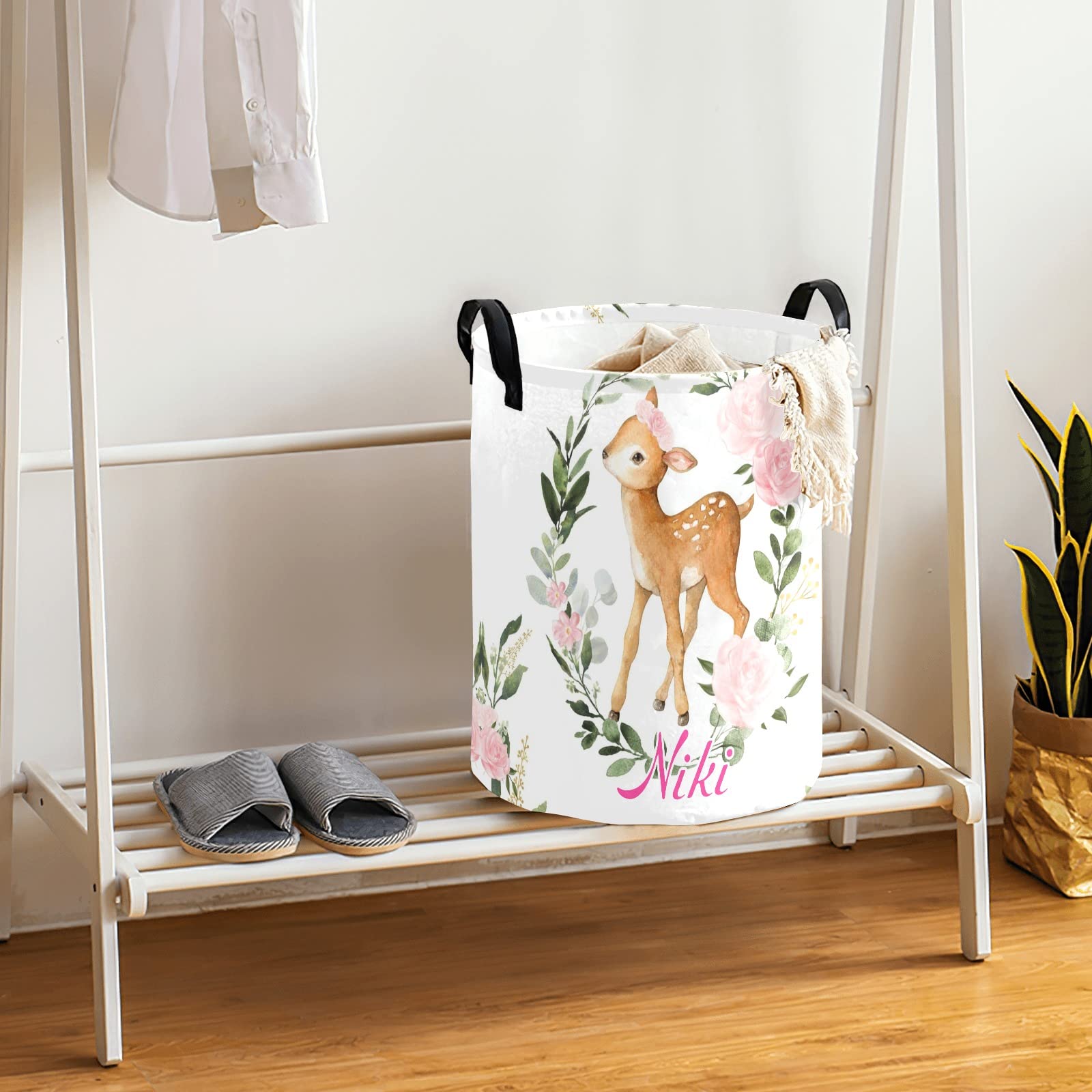 Deer Pink Floral Roses Laundry Basket Personalized with Name Laundry Hamper with Handle Clothes Bag Bin for Bedroom Baskets