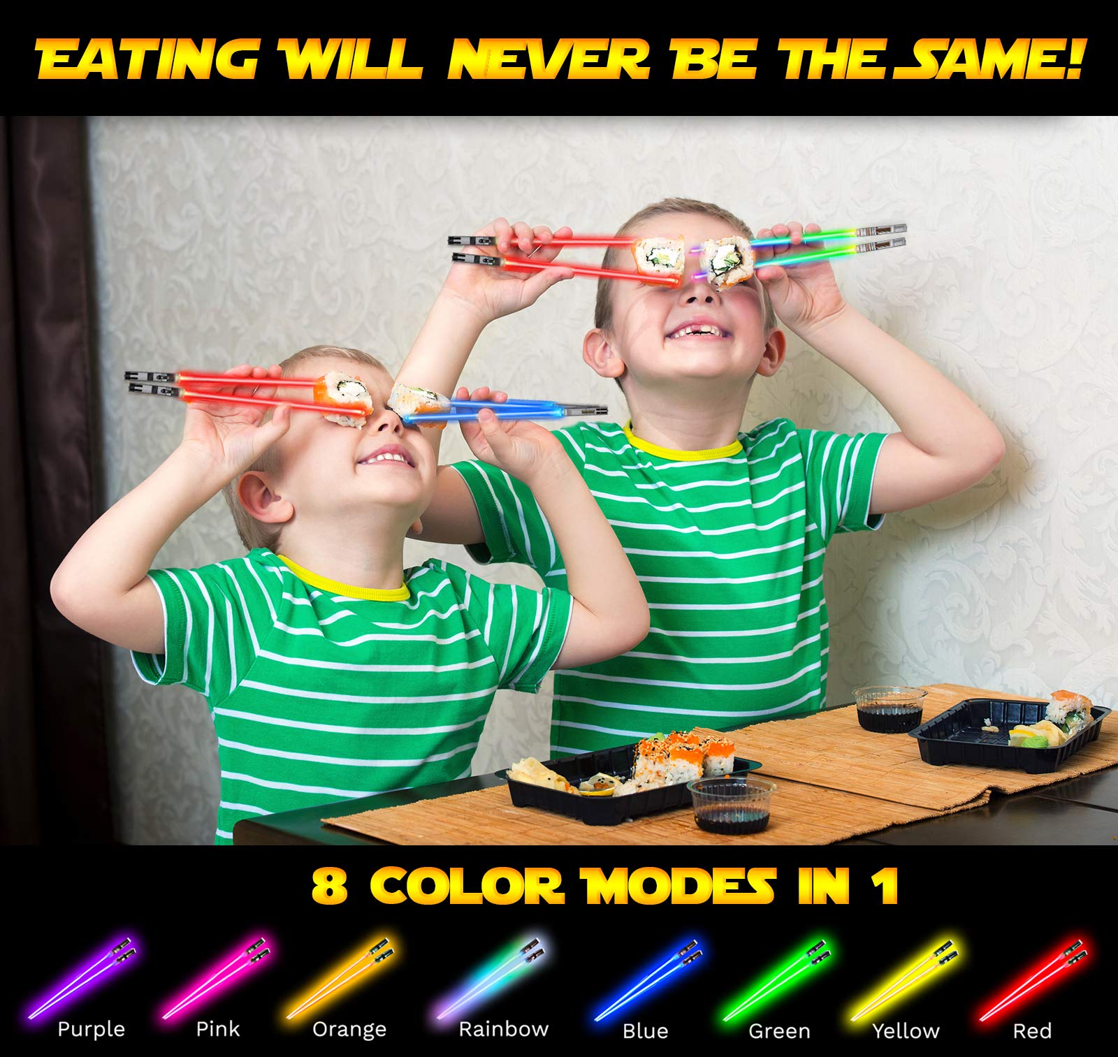 LIGHTSABER CHOPSTICKS LIGHT UP STAR WARS LED Glowing Light Saber Chop Sticks REUSABLE Sushi Lightup Sabers-Removable Handle Dishwasher Safe-Premium GIFT BOX & CARRY CASE Included-8 COLOR MODES-4 PAIRS