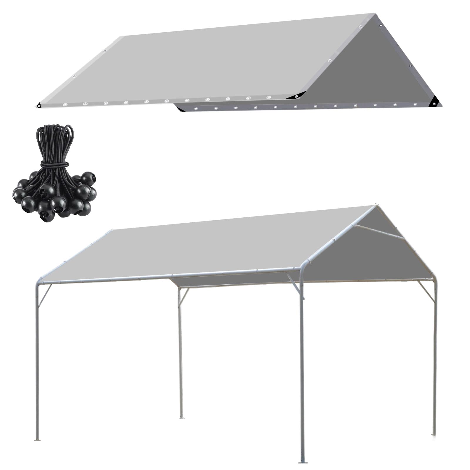 HFYZZ 10 x 20 Ft Heavy Duty Carport Replacement Canopy Cover Waterproof & UV Protected Car Garage Top Tent Shelter Tarp Cover with 44 Ball Bungees Cords, Only Top Cover, Grey