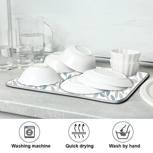 Grey and Blue Leaves branches Dish Drying Mat 16x18 for Kitchen Gray Leaves Botanical Spring Flowers Dishes Pad Dish Drainer Rack Mats Absorbent Fast Dry Kitchen Accessories