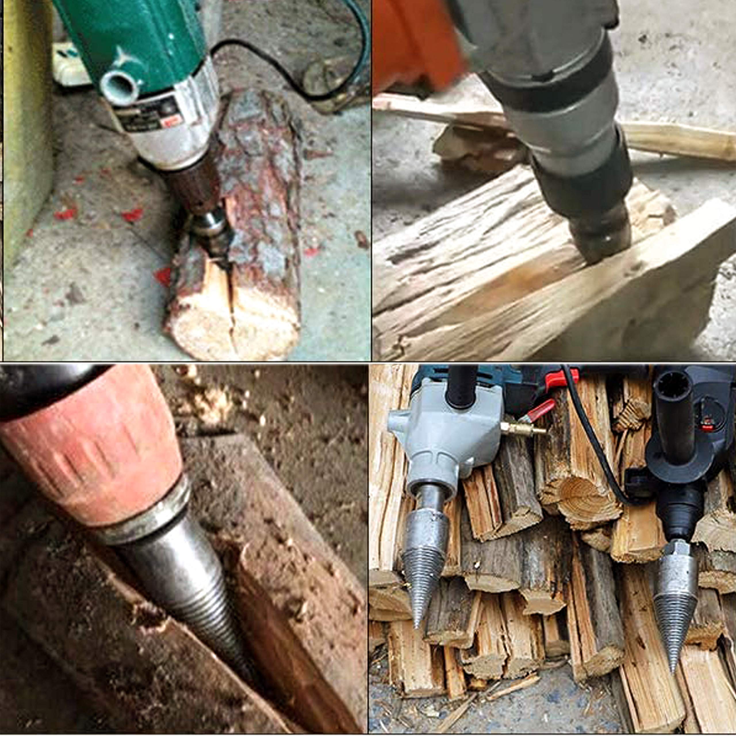 KEWAYO 4pcs Removable Splitting Wood Cone Drill Bit, Wood Splitter Drill Set for Heavy Duty Drill Split Wood Tool and Hand Drill Stick-hex+Square+Round
