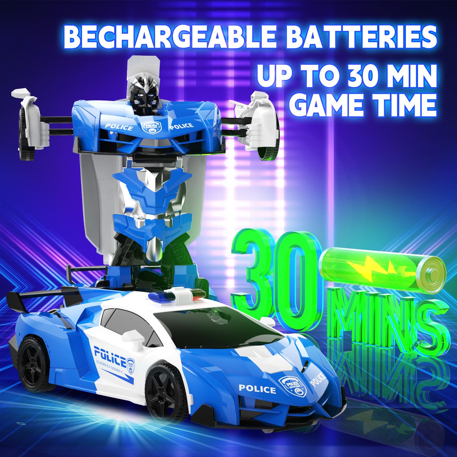 DEERC Transform Remote Control Car,2.4GHz Robot RC Cars,1:18 Scale Police Car Toy One-Button Deformation & 360° Rotating Drifting for Kids Boys Age 4-7 8-12 Birthday Xmas Gift