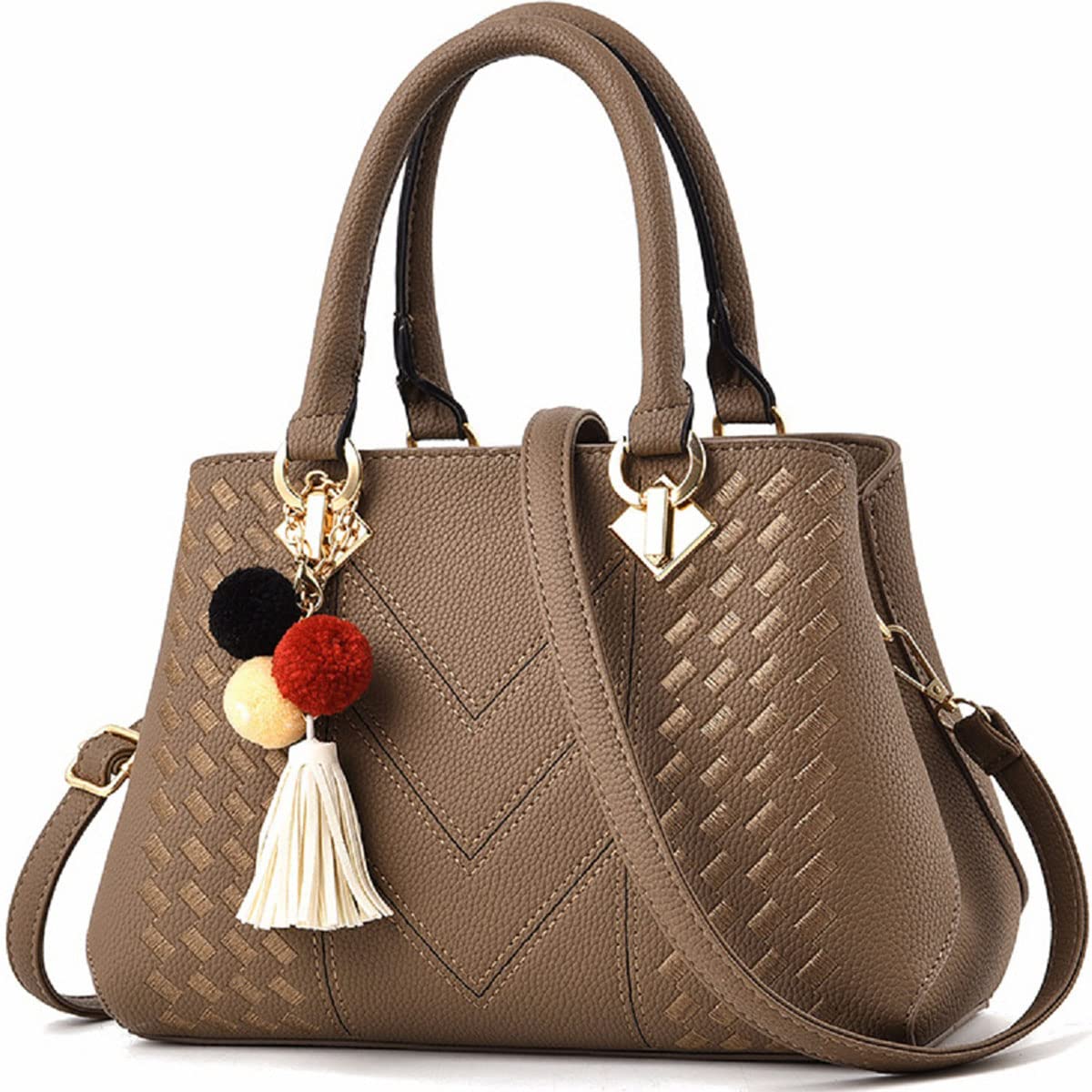 YOUNXSL Womens Leather Handbags Purses Top-handle Totes Satchel Shoulder Bag for Ladies with Pompon and Tassel Khaki