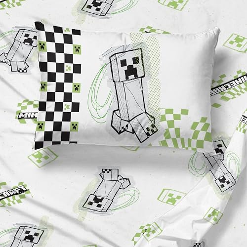 Jay Franco Minecraft Creeper Twin Size Sheet Set - Super Soft 3 Piece Kids Bedding Set - Microfiber Sheets Includes Reversible Pillow Covers