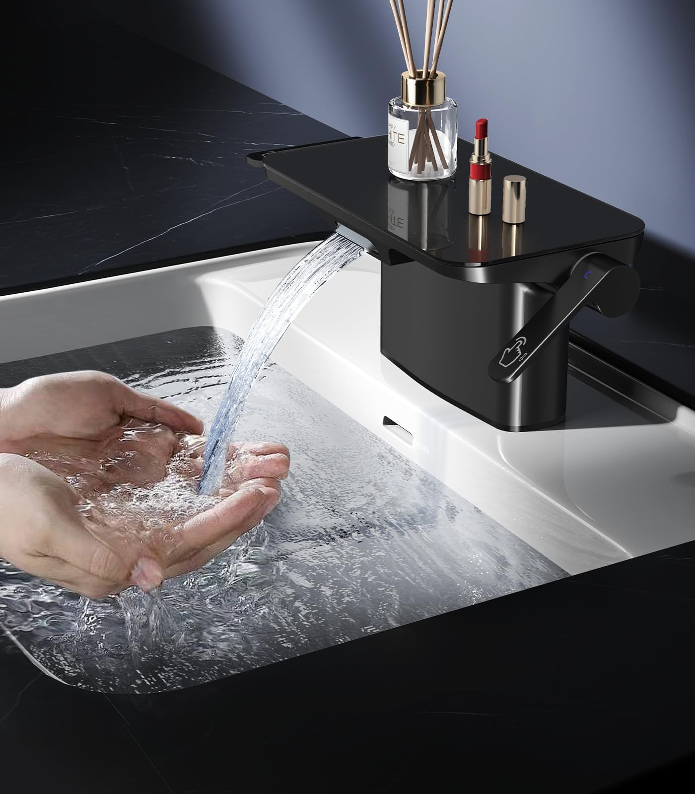 Matte Black Bathroom Sink Faucet - 4 Inch Bathroom Vanity Sink Faucet with Storage Platform, 2 Hole Faucet with Pop-up Sink Drain Stopper, Solid Bathroom Basin Faucet