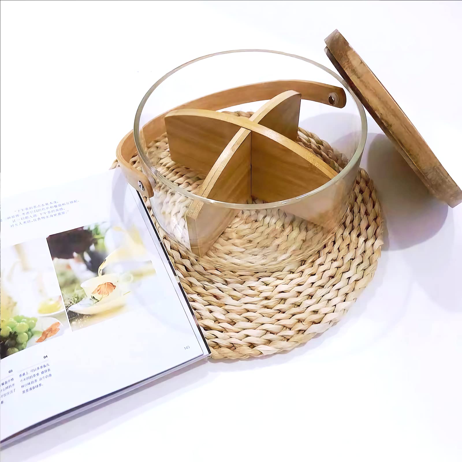 Funnyroom Clear Glass Fruit Serving Bowl, Nuts Dry Fruit Snack Tray with Wood Divider and Lid, Berry Vegetables Basket with Handle for Kitchen Fridge Storage Containers (Glass Basket-Large)