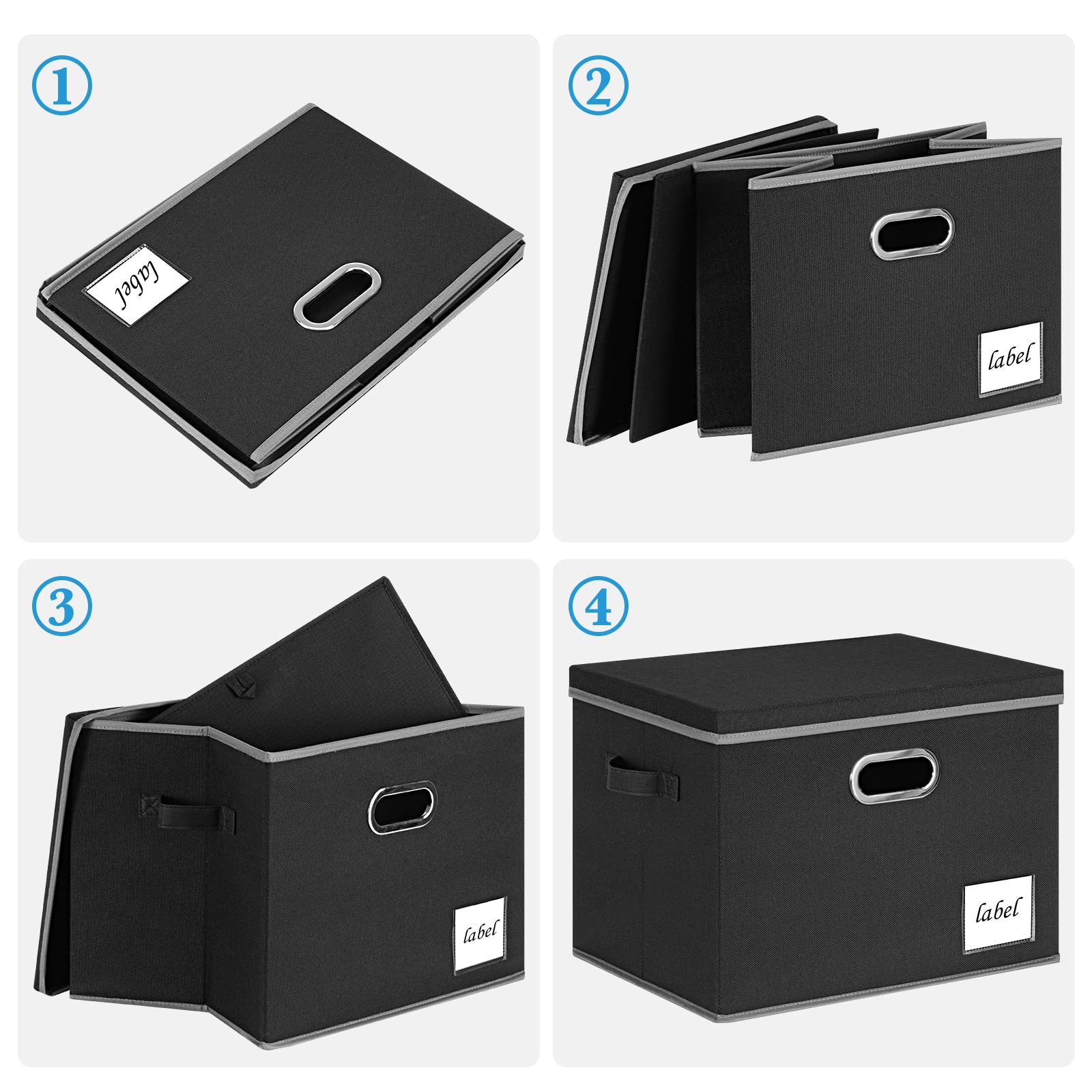 PFFVRP Extra Large Storage Bins with Lids, 16"x12"x12" Foldable Linen Fabric Storage Boxes with Lids, Storage Basket with Lid with Handles and Label, Storage Bin for Living Room Closet Office (Black)