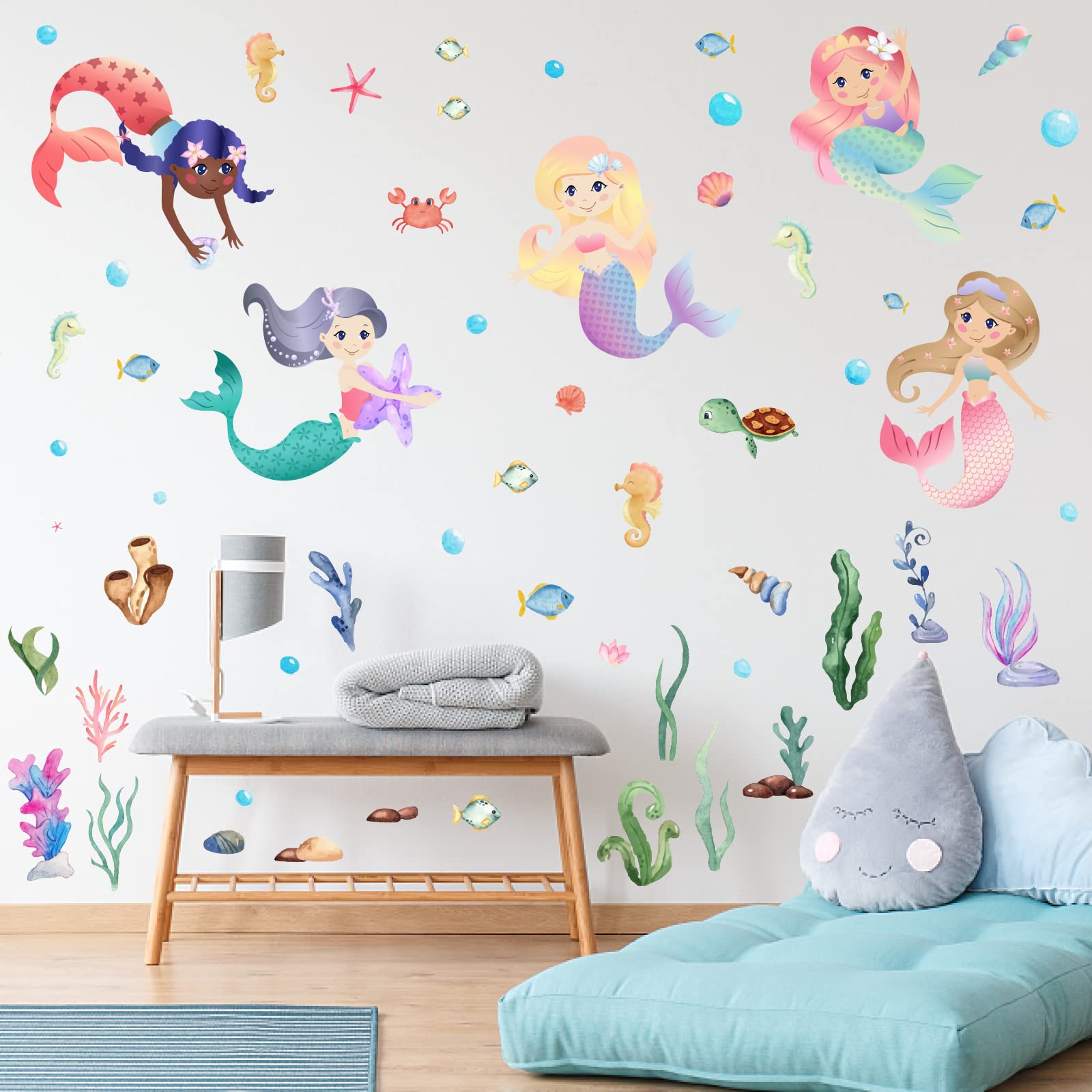 PLIGREAT 2 Sheets Mermaid Wall Stickers, Ocean Creature Decor, Bathroom Mermaid Decals for Girls Bedroom Baby Nursery Kid Room Bathroom Decor Gift