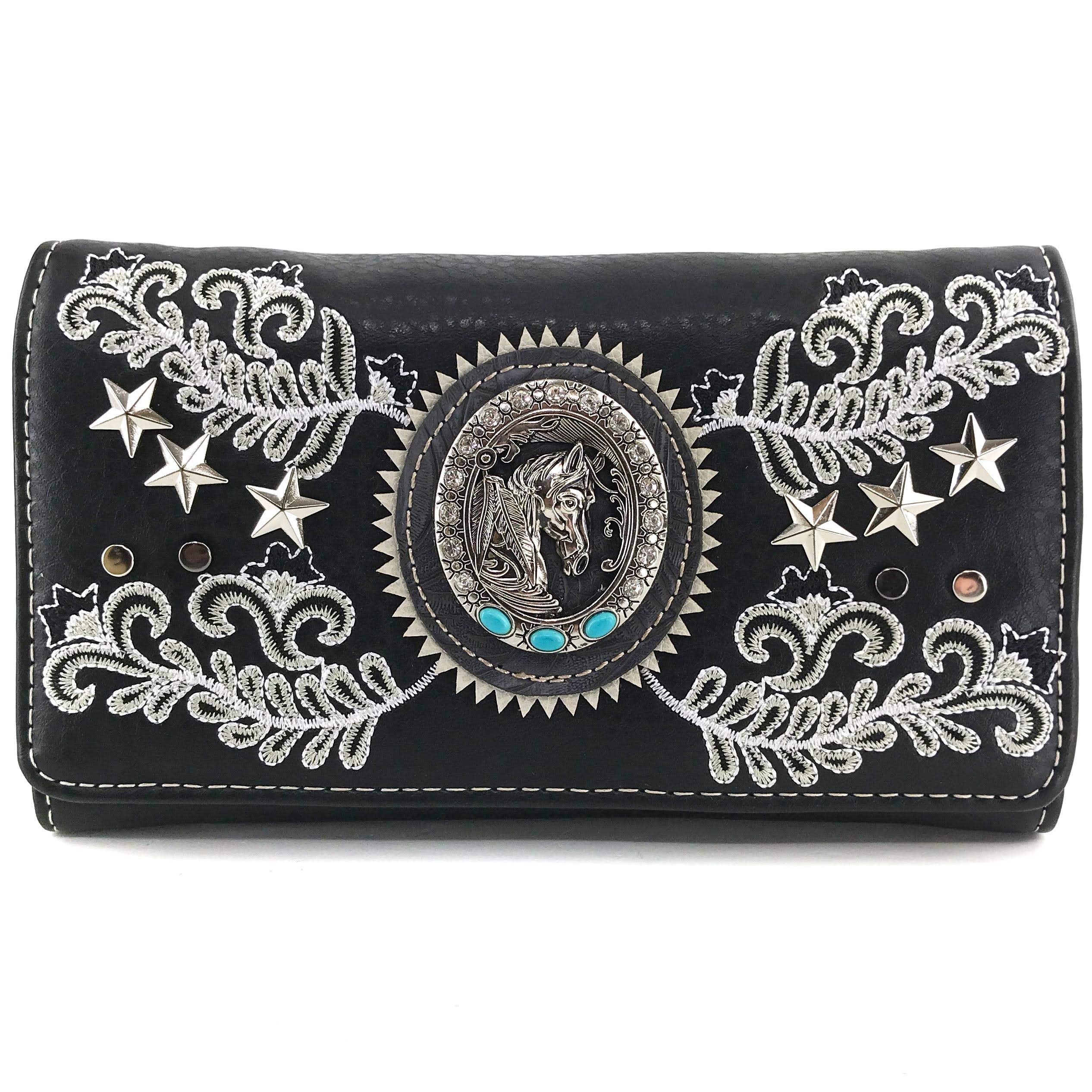 Zelris Western Horse Portrait Star Floral Women Crossbody Wrist Trifold Wallet (Black)