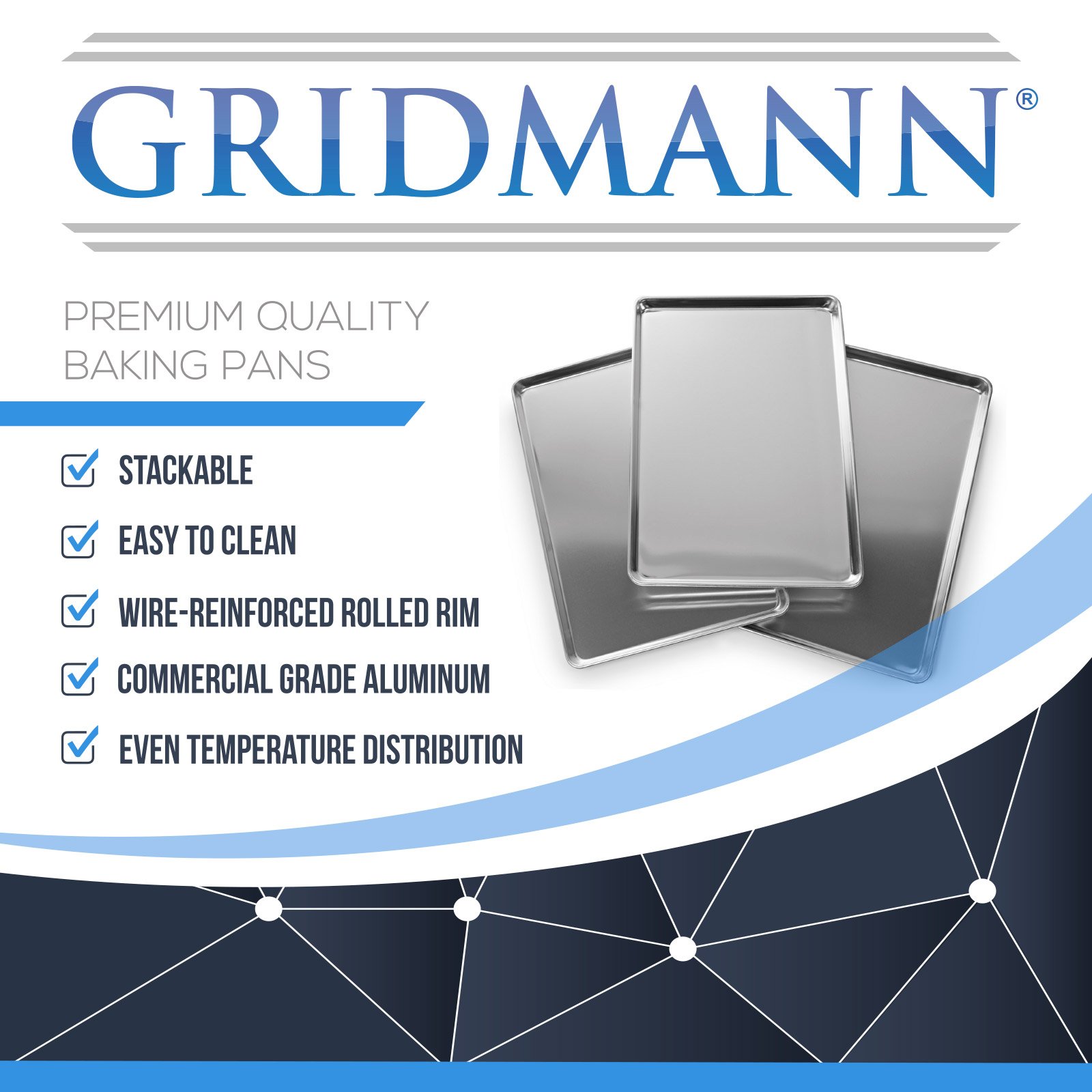 GRIDMANN 18" x 26" Commercial Grade Aluminum Cookie Sheet Baking Tray Pan Full Sheet - 12 Pans