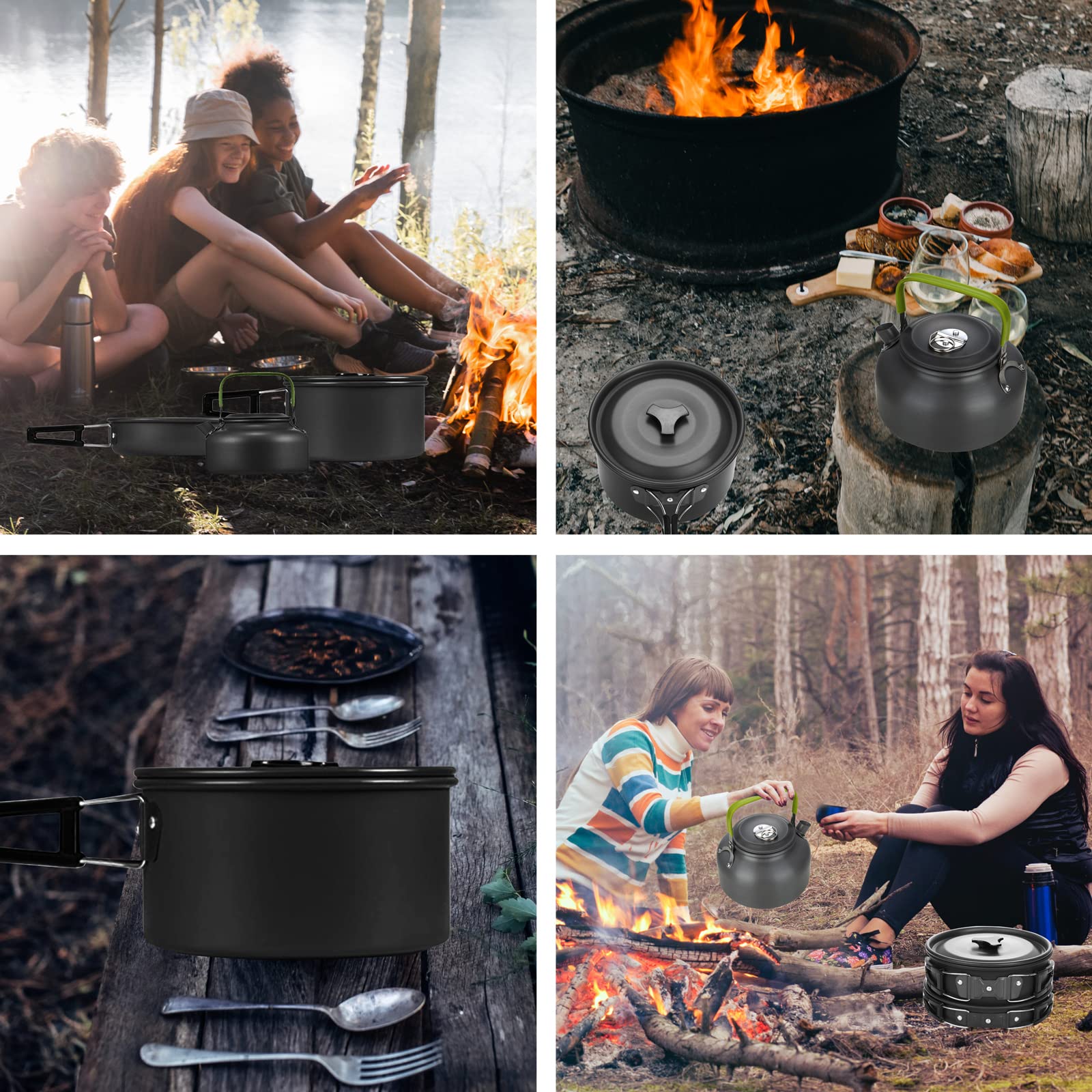Foldable Lightweight Camping Cookware Set – 9pcs Non-Stick Folding Nesting Kettle Pots and Pans Sets for Campfire with Lid | Backpacker Must Haves Outdoor Tent Campers Aluminum Cooking Gear 1-4 People