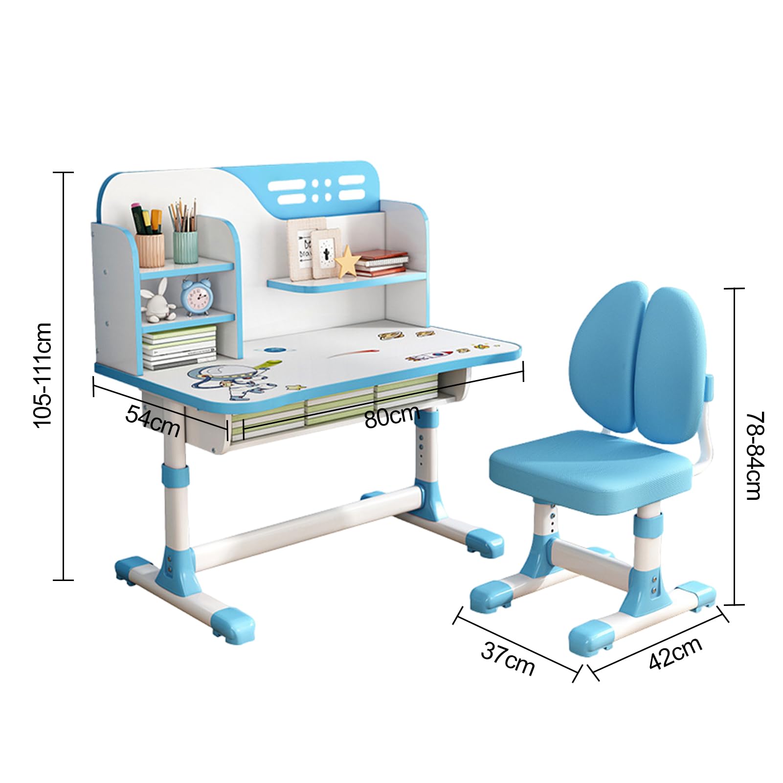 Kids Study Desk Chair Set Learning Table Height Adjustable with Writing Board, Drawers and Storage Compartments Curved Desktop Cartoon Learning Desks and Chairs for Boys and Girls (Blue/ Pink) (Blue)