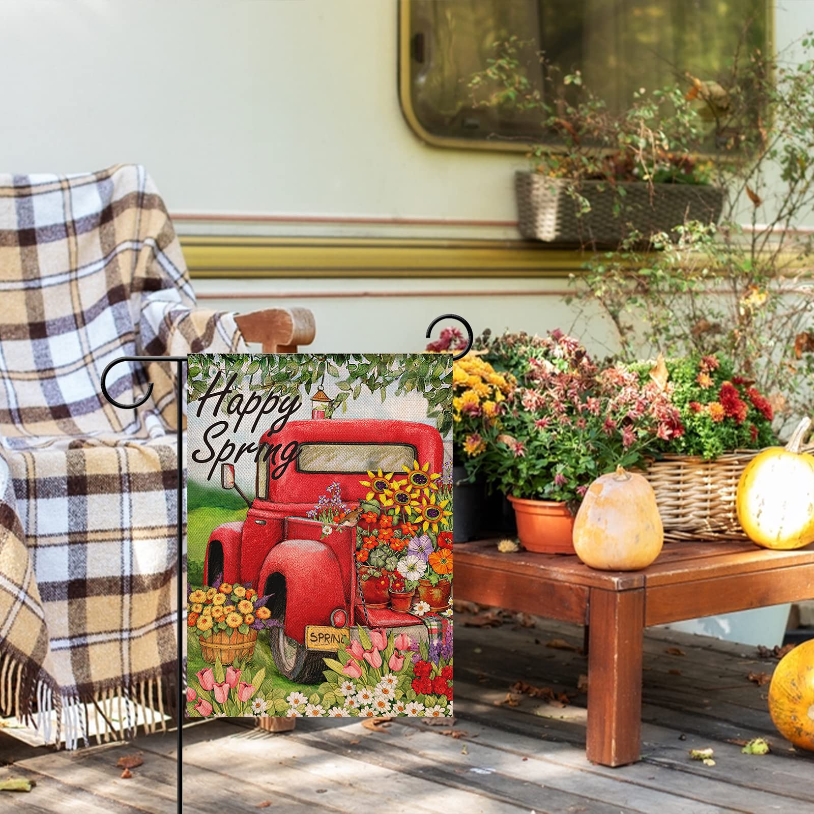 Furiaz Happy Spring Red Truck Small Garden Flag, Vintage Pickup Yard Outdoor Home Daisy Tulip Flowers Lawn Outside Decorations Double Sided 12x18