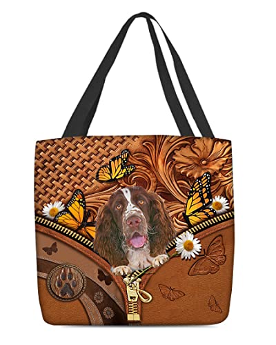 English Springer Spaniel Dog Daisy Butterflies Leather Pattern Tote Bag, Casual Handbag For English Springer Spaniel Mom Gift