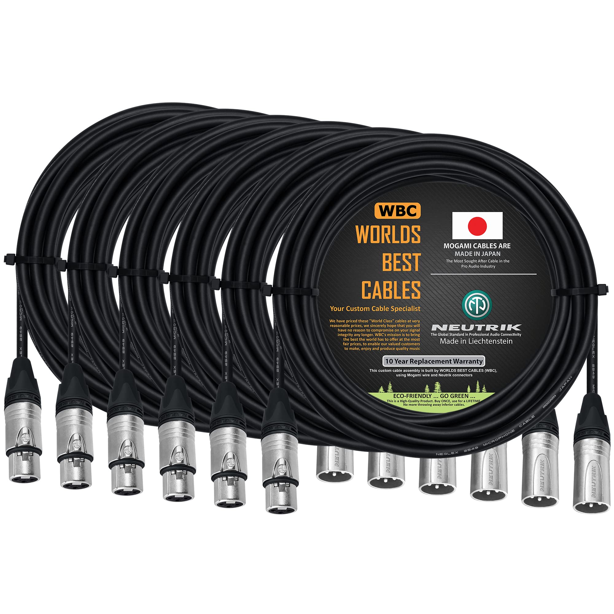 WORLDS BEST CABLES 6 Units - 25 Foot - Balanced Microphone Cable Custom Made Using Mogami 2549 (Black) Wire and Neutrik NC3MXX & NC3FXX Silver XLR Plugs
