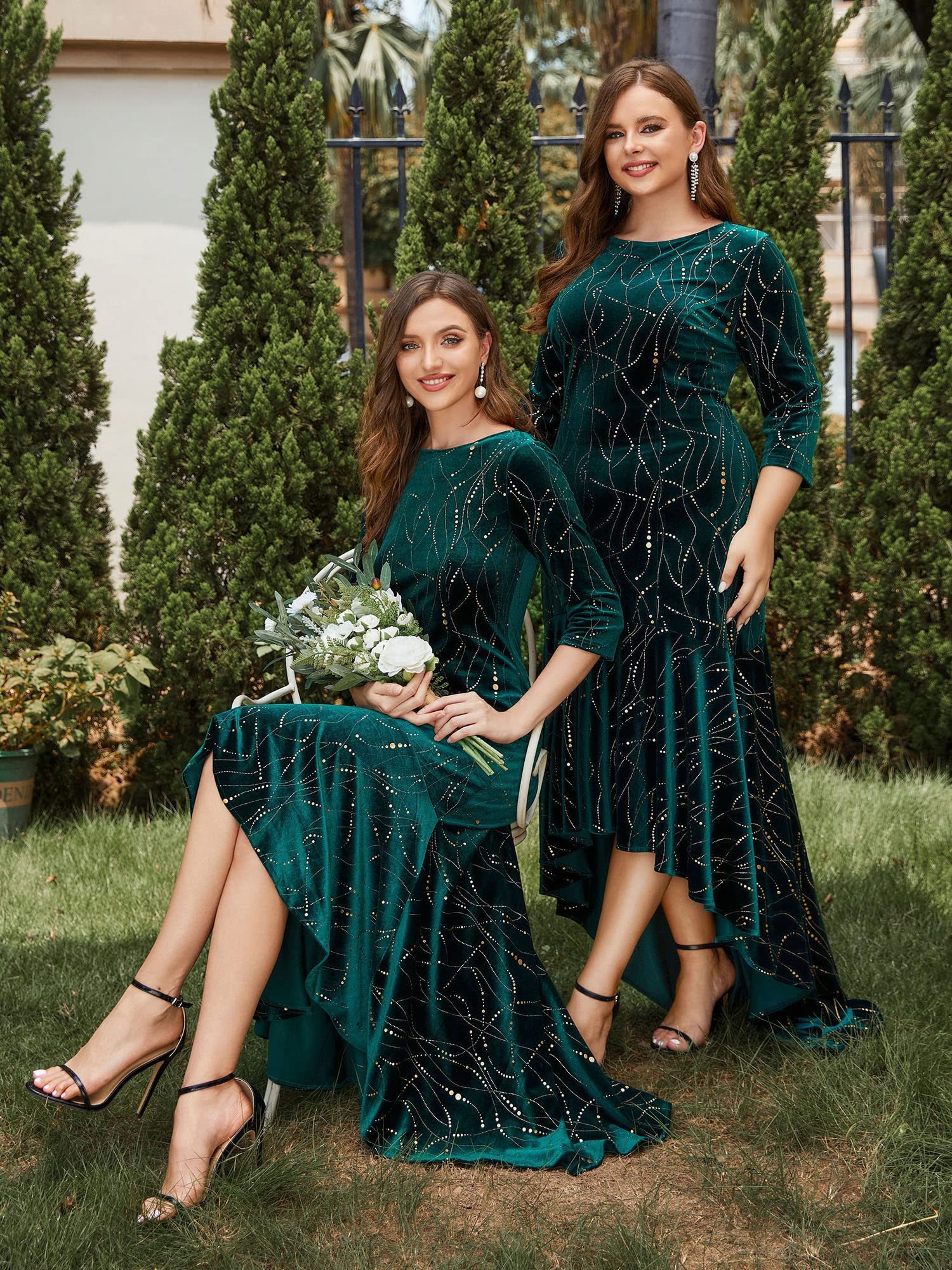 Ever-Pretty Women's Velvet 3/4 Sleeve High-Low Mermaid Plus Size Gorgeous Evening Dress Green US16