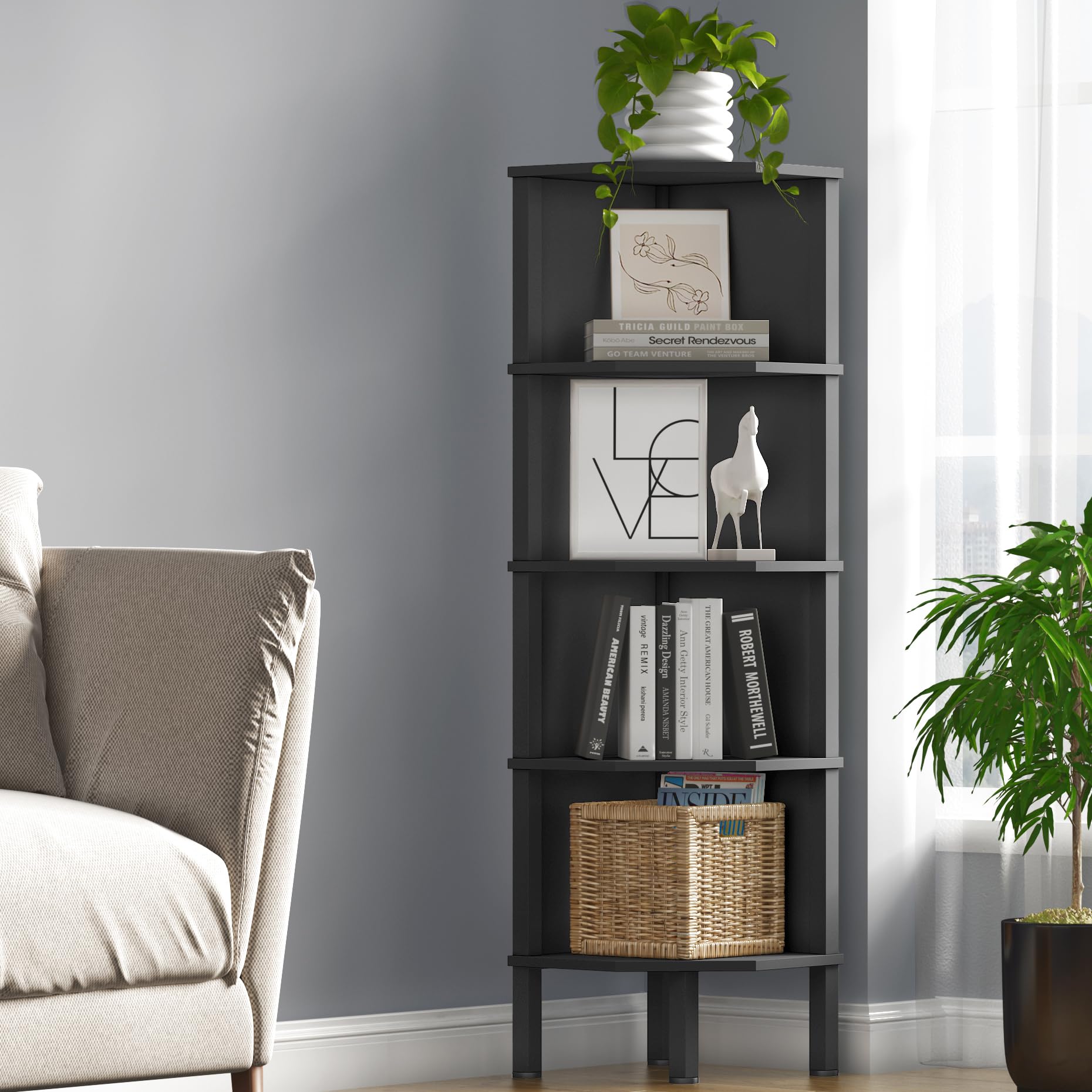 LAATOOREE 5 Tier Corner Shelf, Corner Stand Rack, Freestanding Wooden Corner Bookshelf, Plant Display Shelving Unit for Small Space, Living Room, Bedroom, Office, Kitchen (Black, 5 Tier)