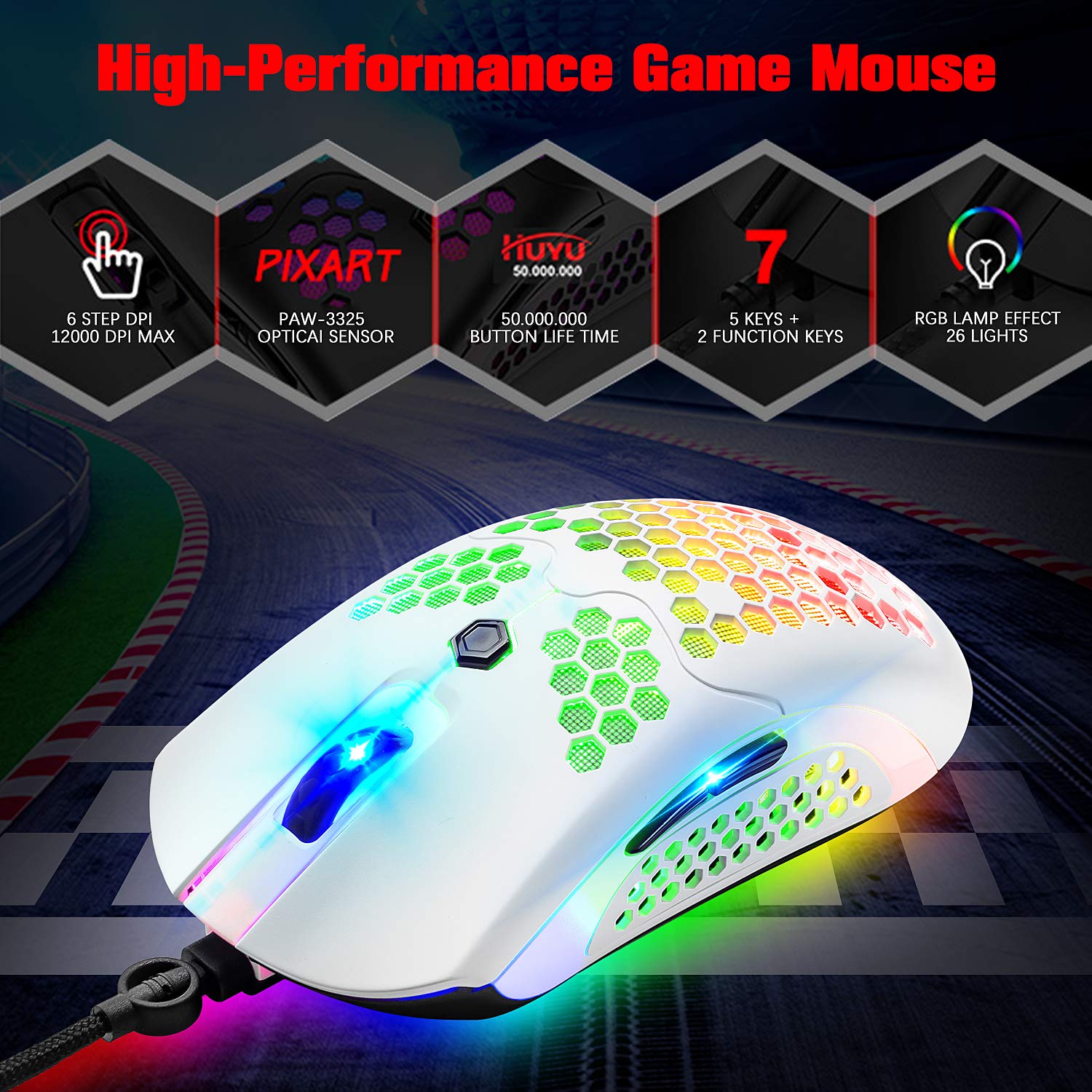 ZIYOU LANG M5 RGB Lightweight Wired Gaming Mouse with 12000 DPI 6 Programmed Buttons,65G Honeycomb Shell,Ultralight Ultraweave Cable,Pixart 3325 Optical Sensor Gamer Mice for Laptop PC Mac(White)