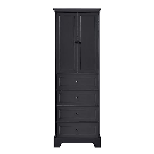 HAUSHECK Free Standing Bathroom Storage Cabinets with 4, Shelves & Doors, Utility, 68.1nch Height, Black w/Drawers
