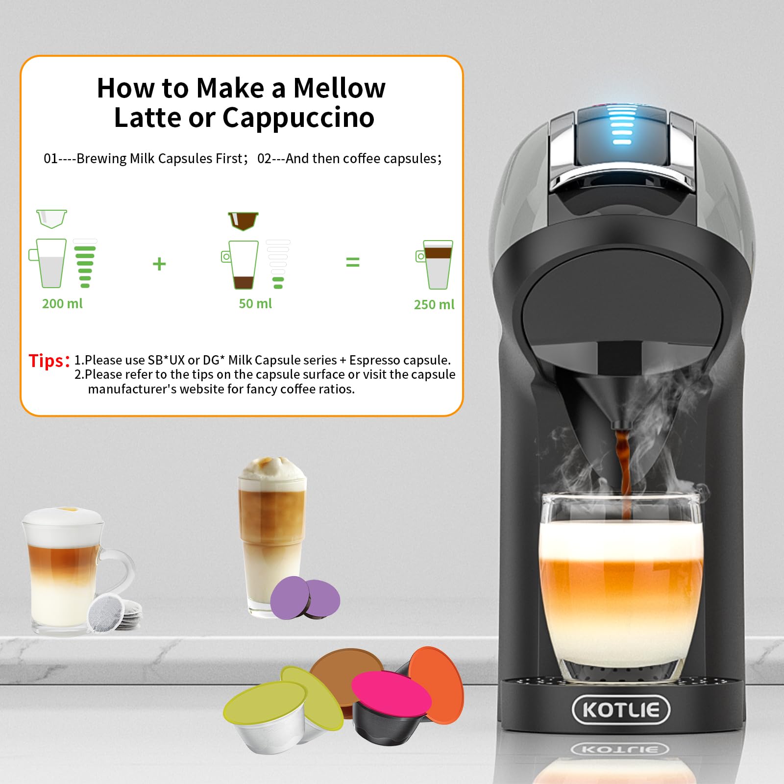 KOTLIE 19Bar Espresso 5in1 Coffee Machine, Cappuccino&Latte Maker, Cold&Hot Brewing Single Serve Coffee Maker for Nespresso Original/Kcup/Dolce Gusto/Ground Coffee/44mm ESE (Green)