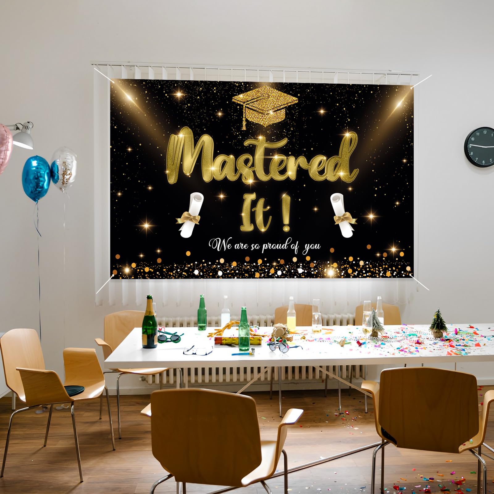 Labakita Mastered It Backdrop Banner, Masters Graduation Decorations, Masters Degree Graduation Banner, Graduation Decorations 2024, Graduation Party Indoor/Outdoor Decorations(Black and Gold)