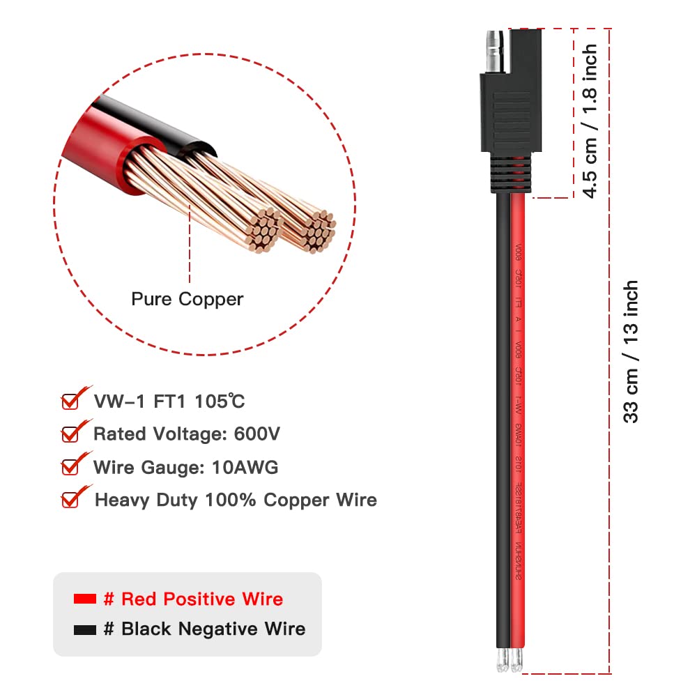 ELECTOP 10AWG SAE Connector Extension Cable, SAE Quick Connector Disconnect Plug SAE Power Automotive Extension Cable Solar Panel Cable Wire(2 Pack)