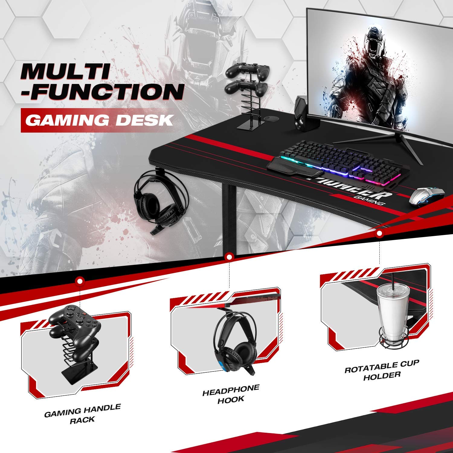 Devoko 55 Inch Gaming Desk T-Shaped PC Computer Table with Free Mouse Pad Carbon Fibre Surface Home Office Desk Gamer Table with Game Handle Rack Headphone Hook and Cup Holder (Black)