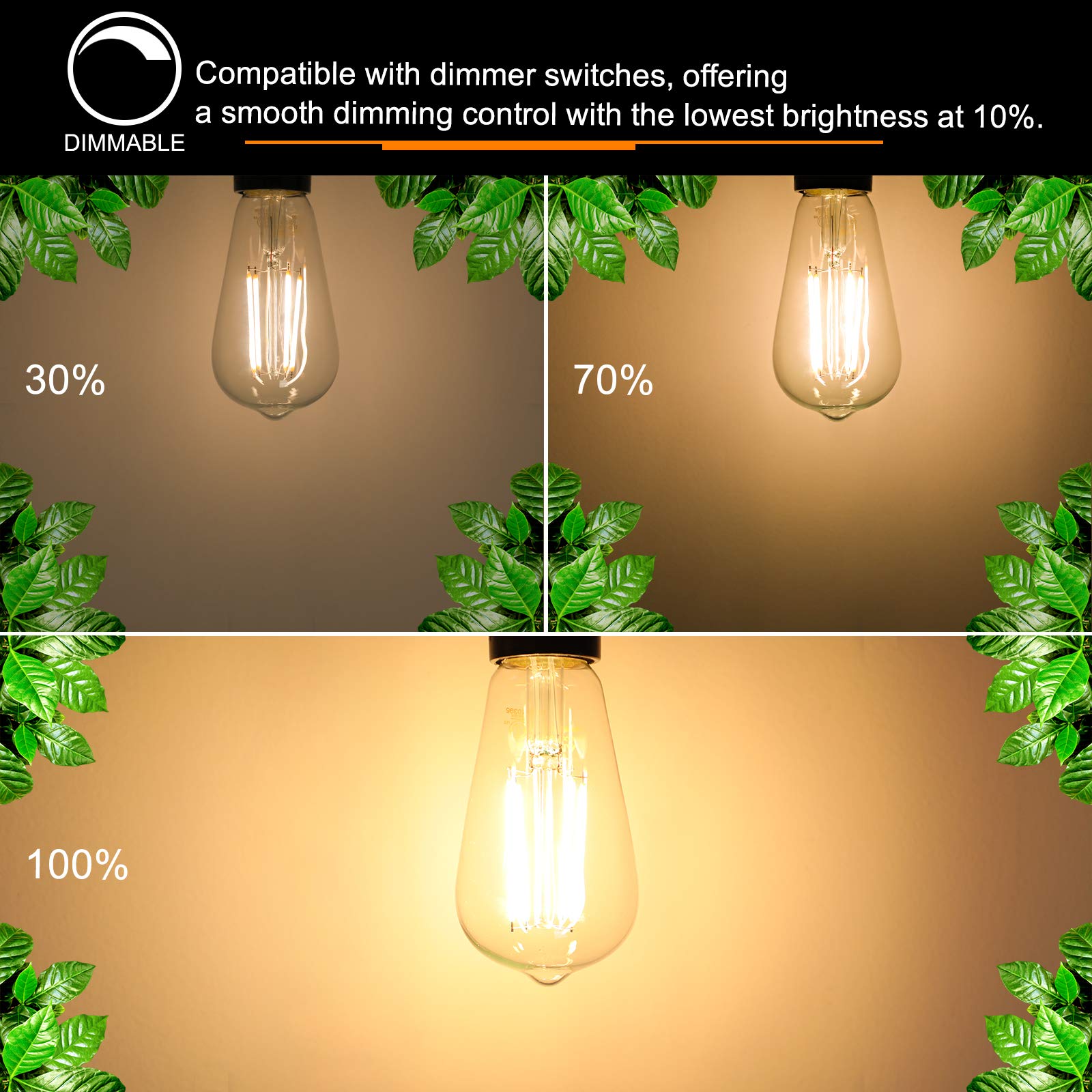 Defurhome Dimmable LED Edison Bulbs, 60W Equivalent, 700Lumens, Warm White 2700K, 6W ST58 LED Filament Light Bulbs with 80+CRI, Antique Style Lighting, E26 Medium Base, Clear Glass - Pack of 5