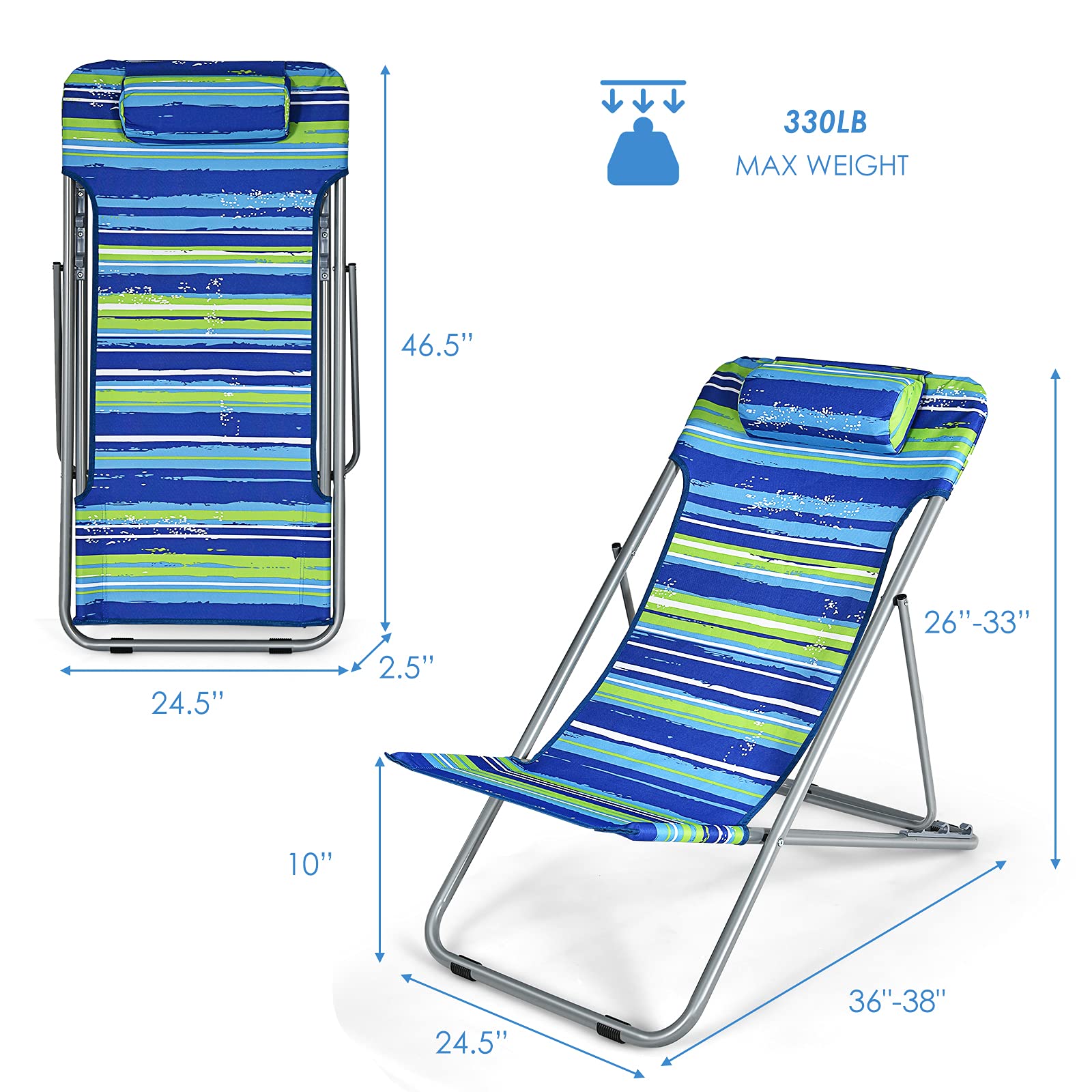 Giantex Beach Chair for Adults Camping Chair Set, Sunbathing Backpack Folding Recliner with 3 Adjustable Position, Lockable System, Headrest, Non-Slip Foot Pads, Lightweight Sand Chair (2, Green)
