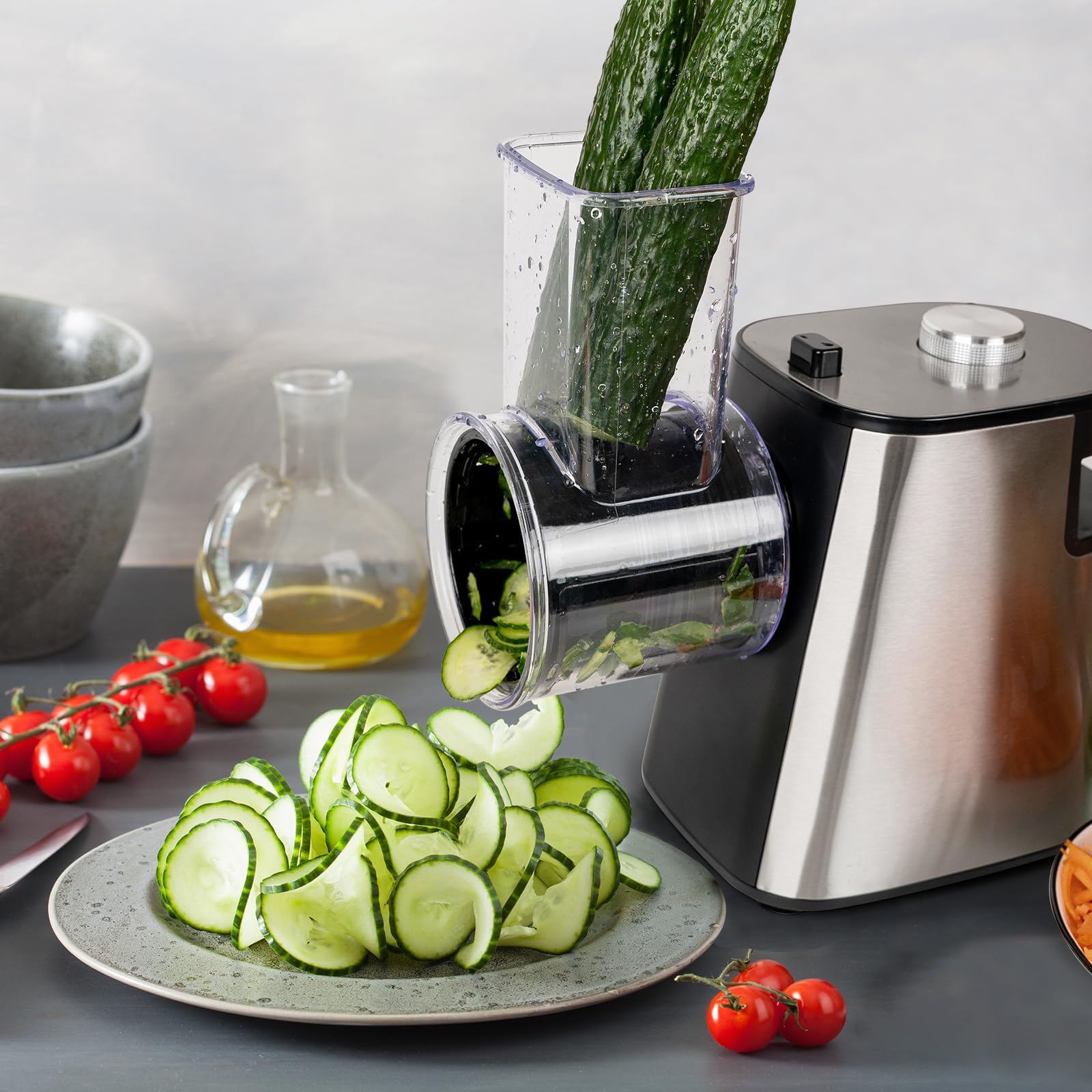 Electric Cheese Grater Vegetable Slicer 250W Professional Electric Food Vegetable Grater Shredder Nuts Grinder Salad Maker Machine Mandoline Slicer for Kitchen with 5 Interchangeable Blades