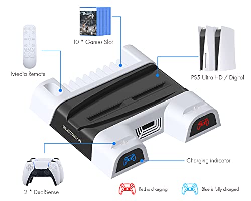 ElecGear PS5 Cooling and Charging Stand, DualSense Controller Charger Dock with Cooling Fan, Vertical Storage Bracket for Games Blu-ray and Media Remote, Wireless Gaming Headset Hook Holder