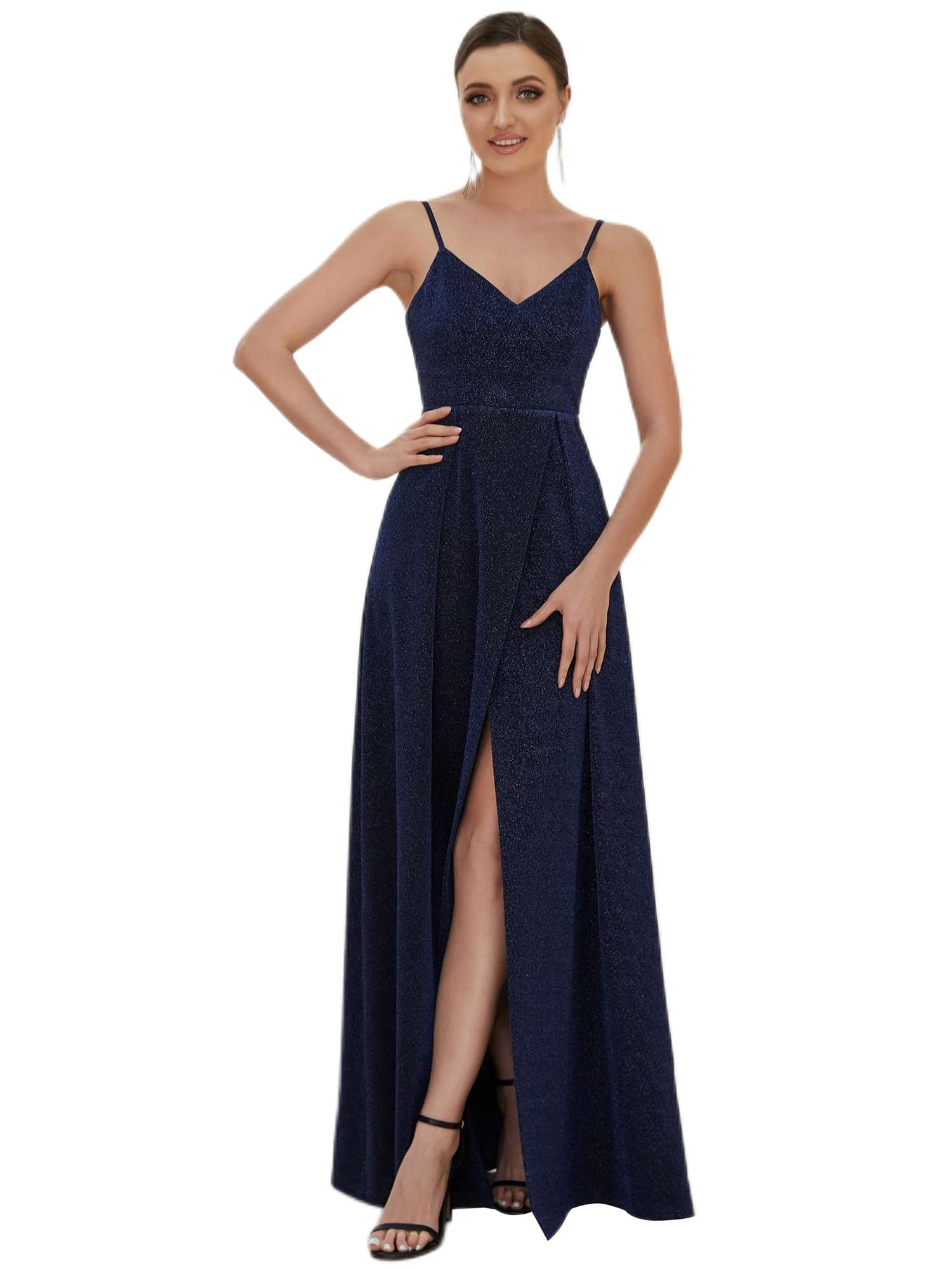 Ever-Pretty Women's Spaghetti Strap Summer V-Neck Formal Prom Evening Dress with Slit Navy Blue US6