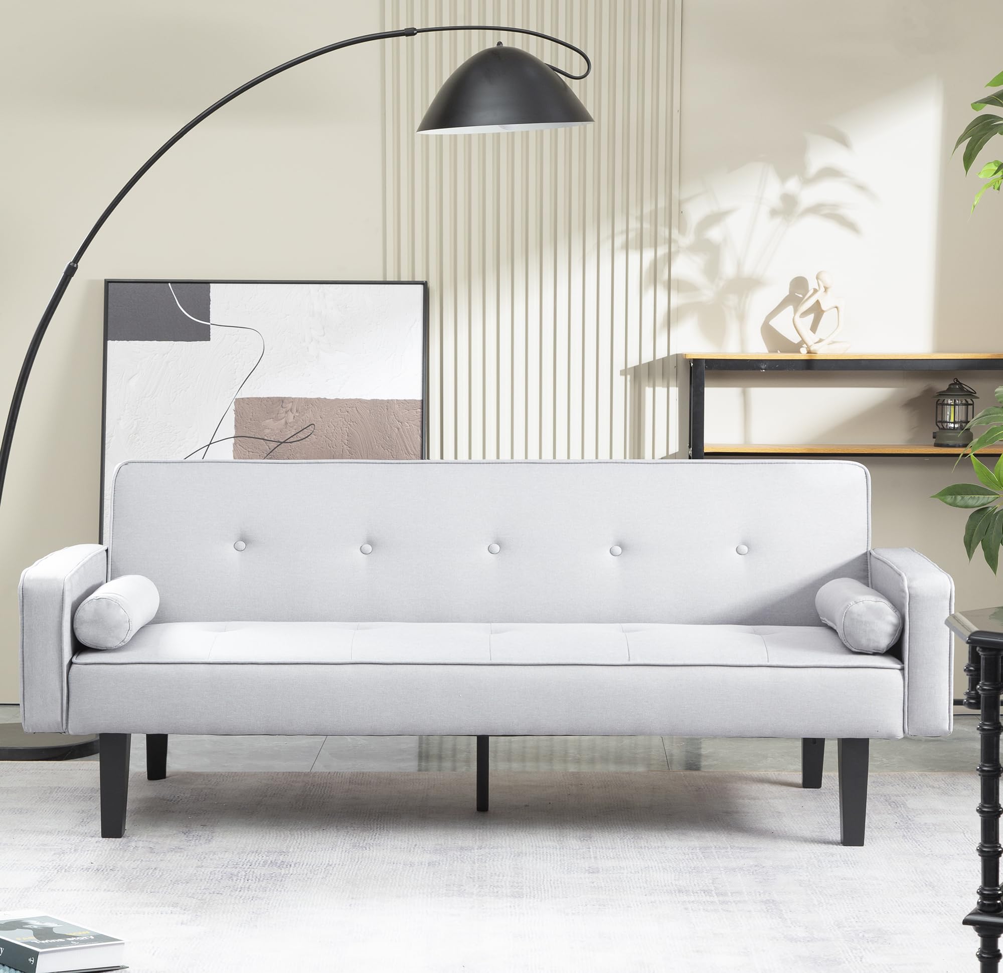 Modern Folding Velvet Futon Sofa Bed,Convertible Sleeper Couch with 2 Cup Holders,Loveseat Sofa Convertible Daybed with Removable Armrests for Compact Living Space (Velvet+Grey)