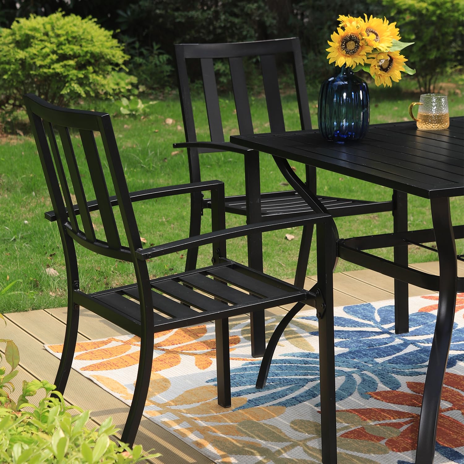 PHI VILLA Patio Dining Stackable Chairs, Outdoor Wrought Iron Furniture Set Bistro Chairs with Armrest,Black (Square Pattern, 4 Set)