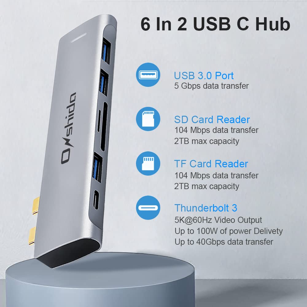 USB C HUB 6 in 2 Type C Docking Station with Thunderbolt 3 Port, 3 USB 3.0, SD TF Card Reader, Onshida USB C Adapter Compatible with MacBook Pro Air 2020/2019/2018/2017/2016(6 in 2)